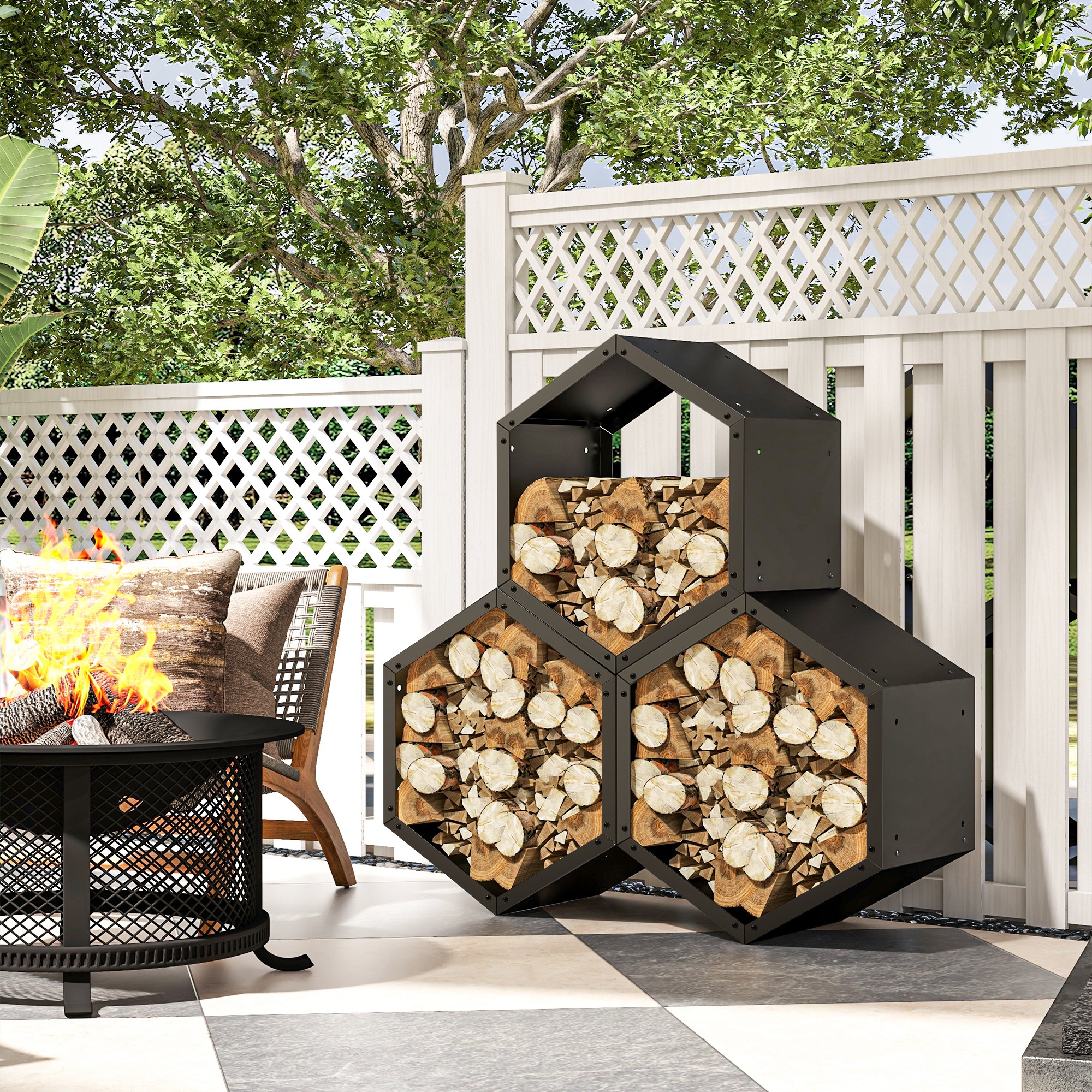 Outsunny Fireplace Log Rack, Steel Firewood Log Holder, 3 Hexagon Boxes ...