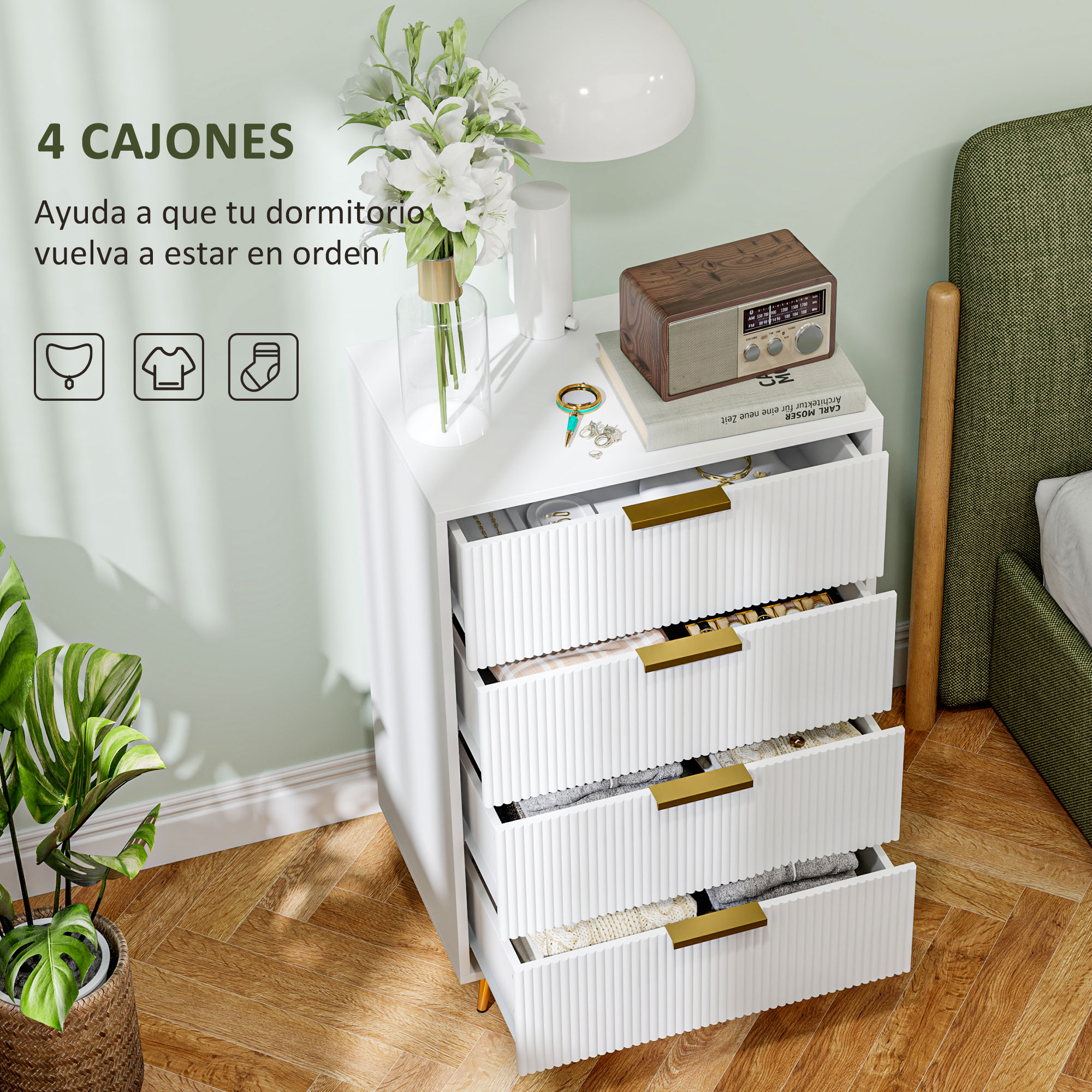 HOMCOM Cómoda de Dormitorio Moderno con 4 Cajones Frentes con Diseño ...