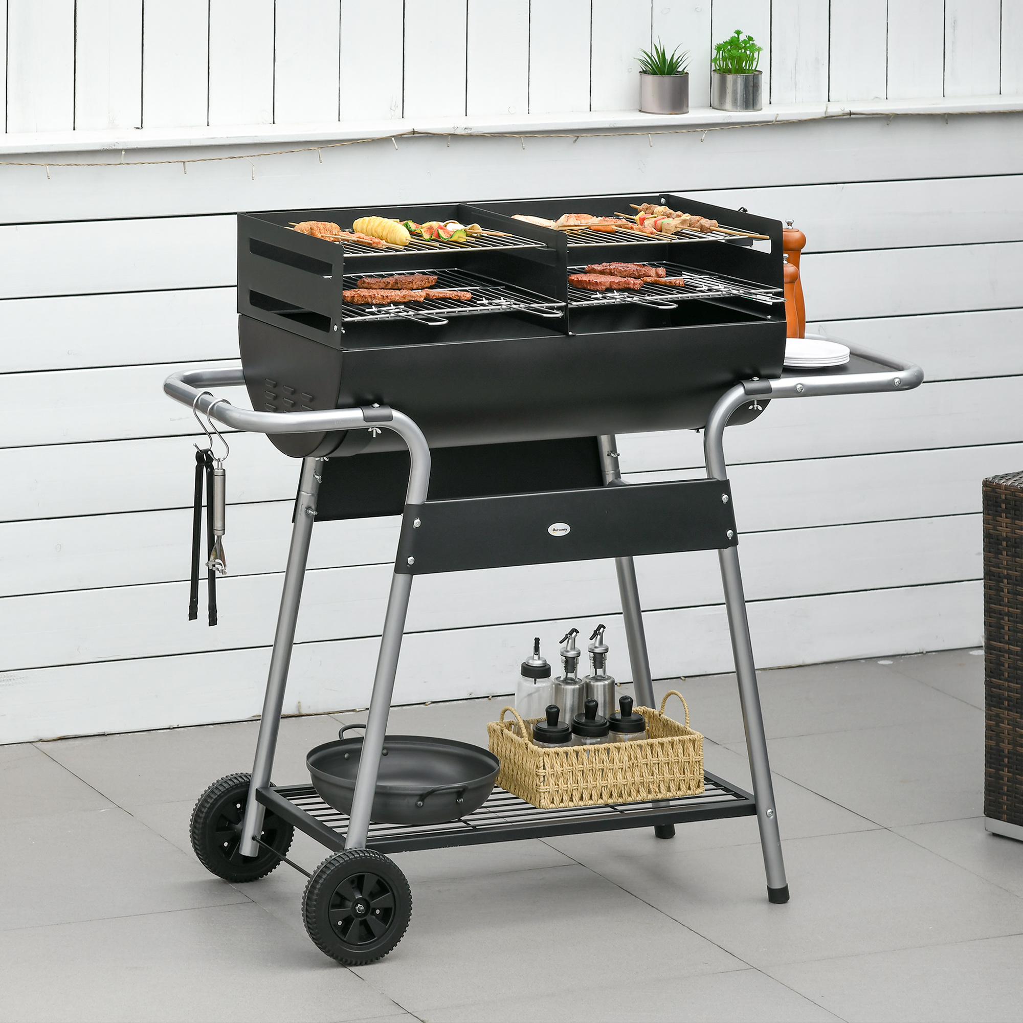 Outsunny Charcoal Barbecue Grill BBQ Trolley with Double Grill ...