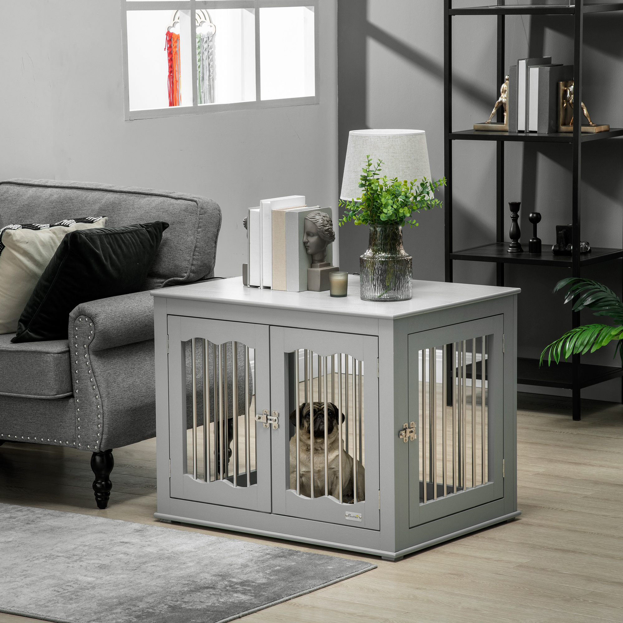 PawHut Dog Crate End Table with Three Doors, Furniture Style Dog Crate ...