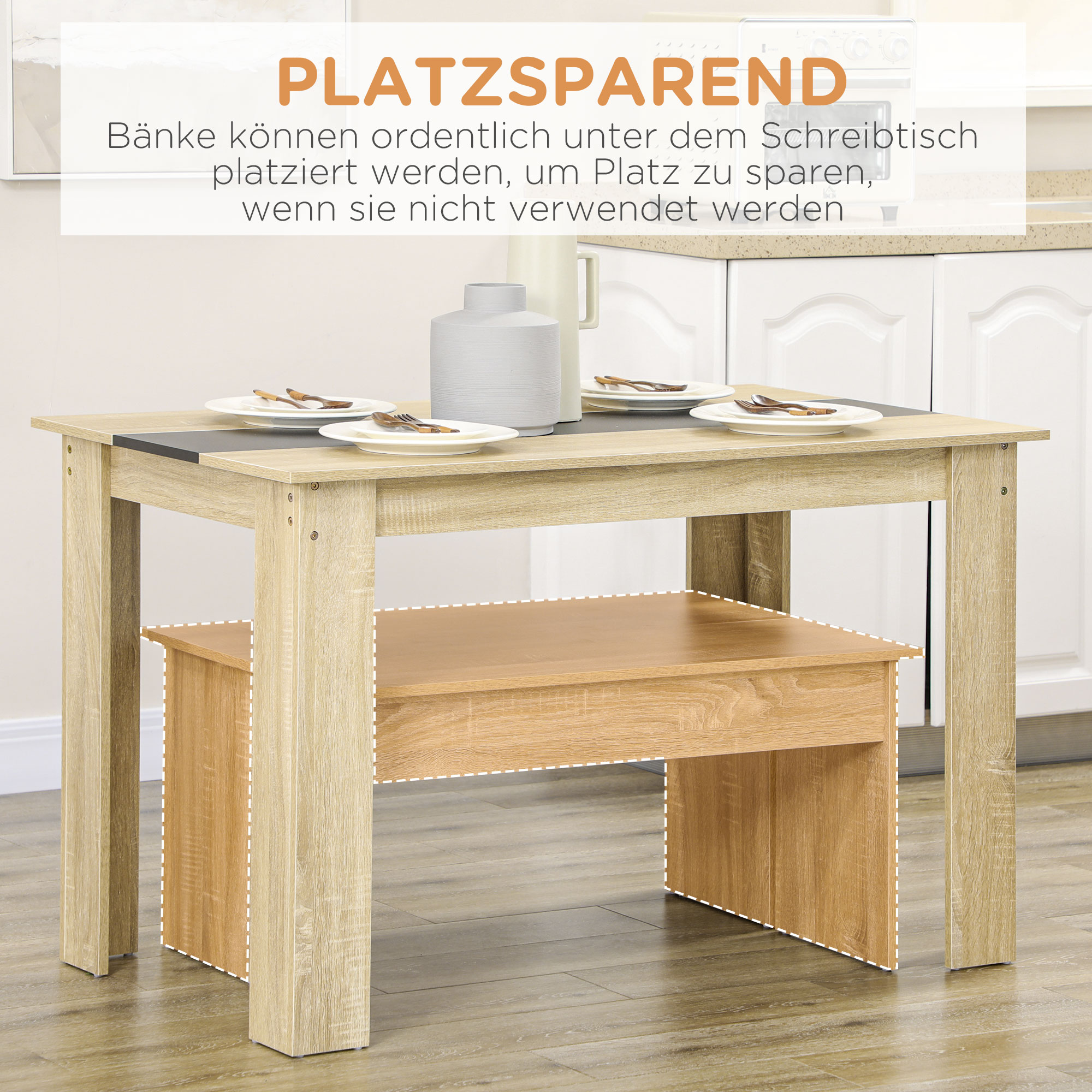 HOMCOM 3-tlg. Essgruppe, Tisch und zwei Sitzbänke, klassisches Design ...