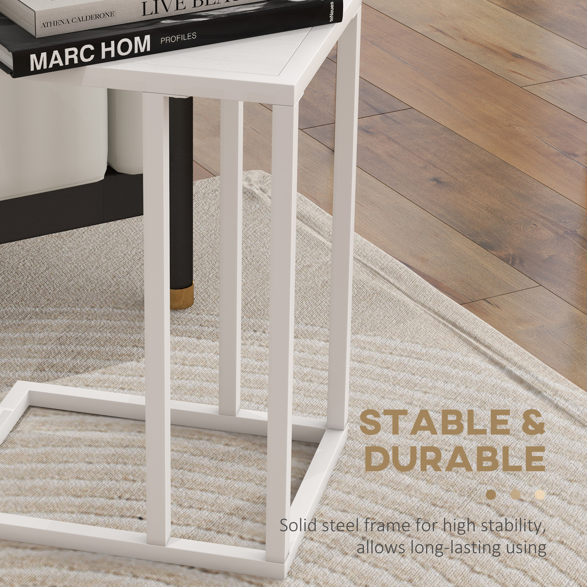 HOMCOM C Shape Bedside Table w/Metal Frame Wood-Effect Top Sofa Narrow ...