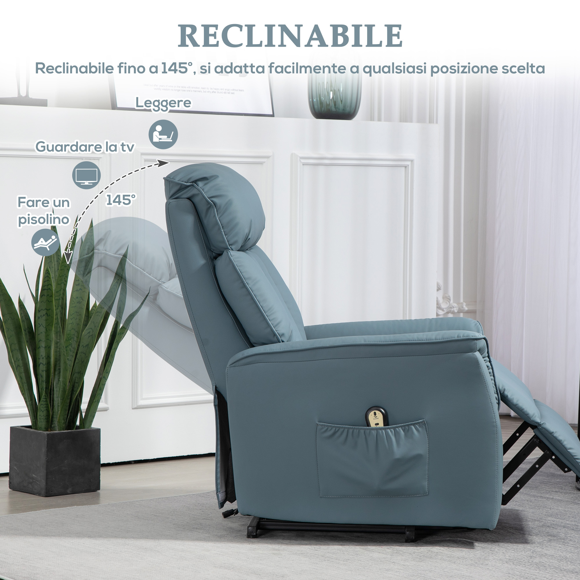 HOMCOM Poltrona Relax Reclinabile Alzapersone Telecomando Azzurro ...