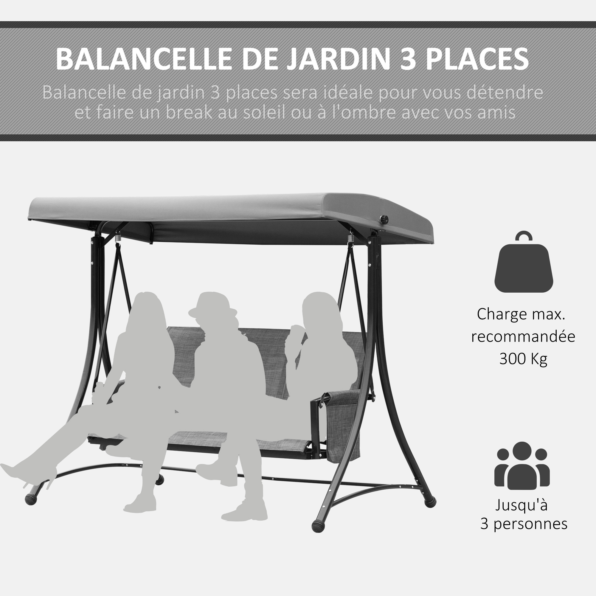 Outsunny Balancelle de jardin 3 places grand confort toit pare-soleil ...