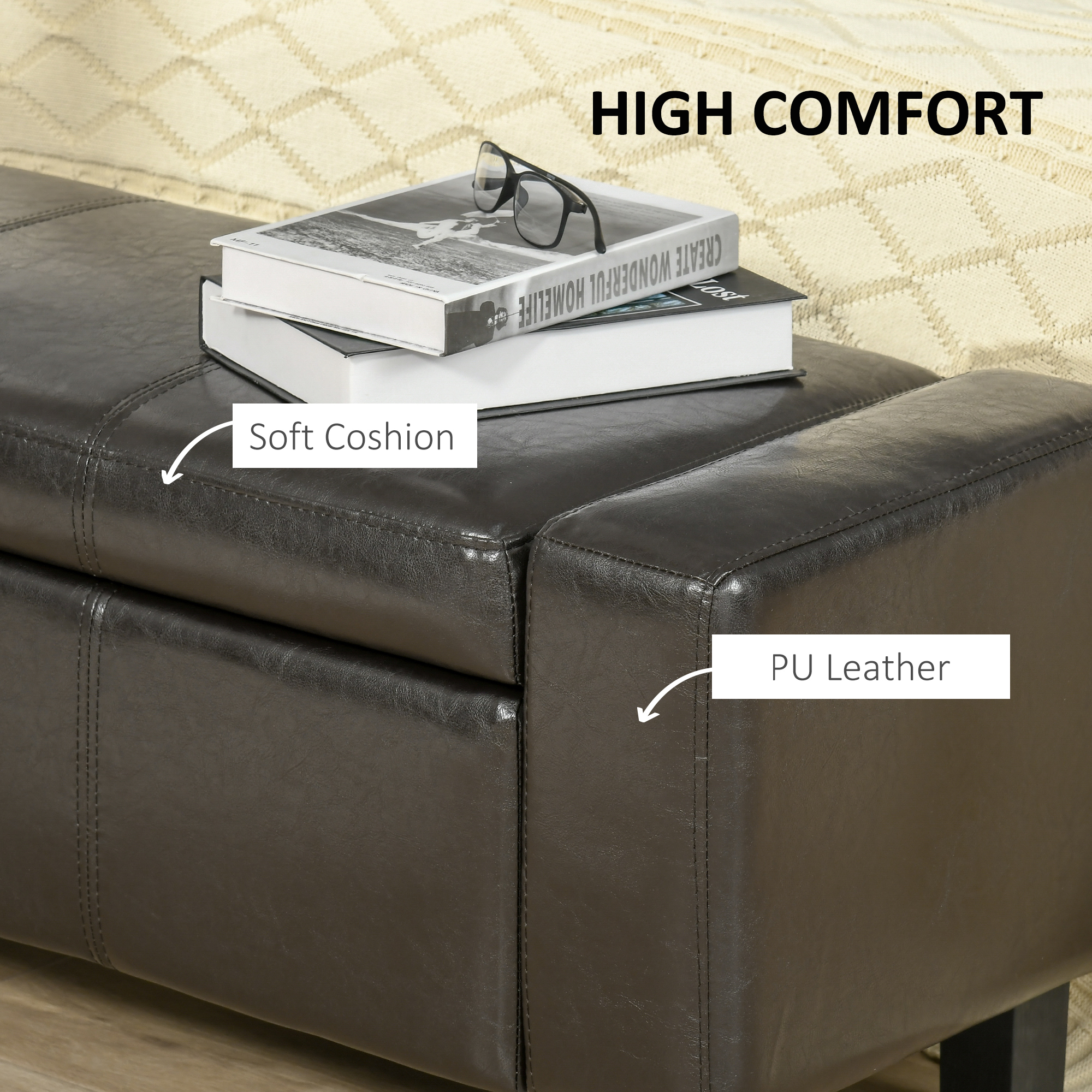 HOMCOM PU Leather Upholstered Flip-Lip Ottoman-Black | Aosom UK