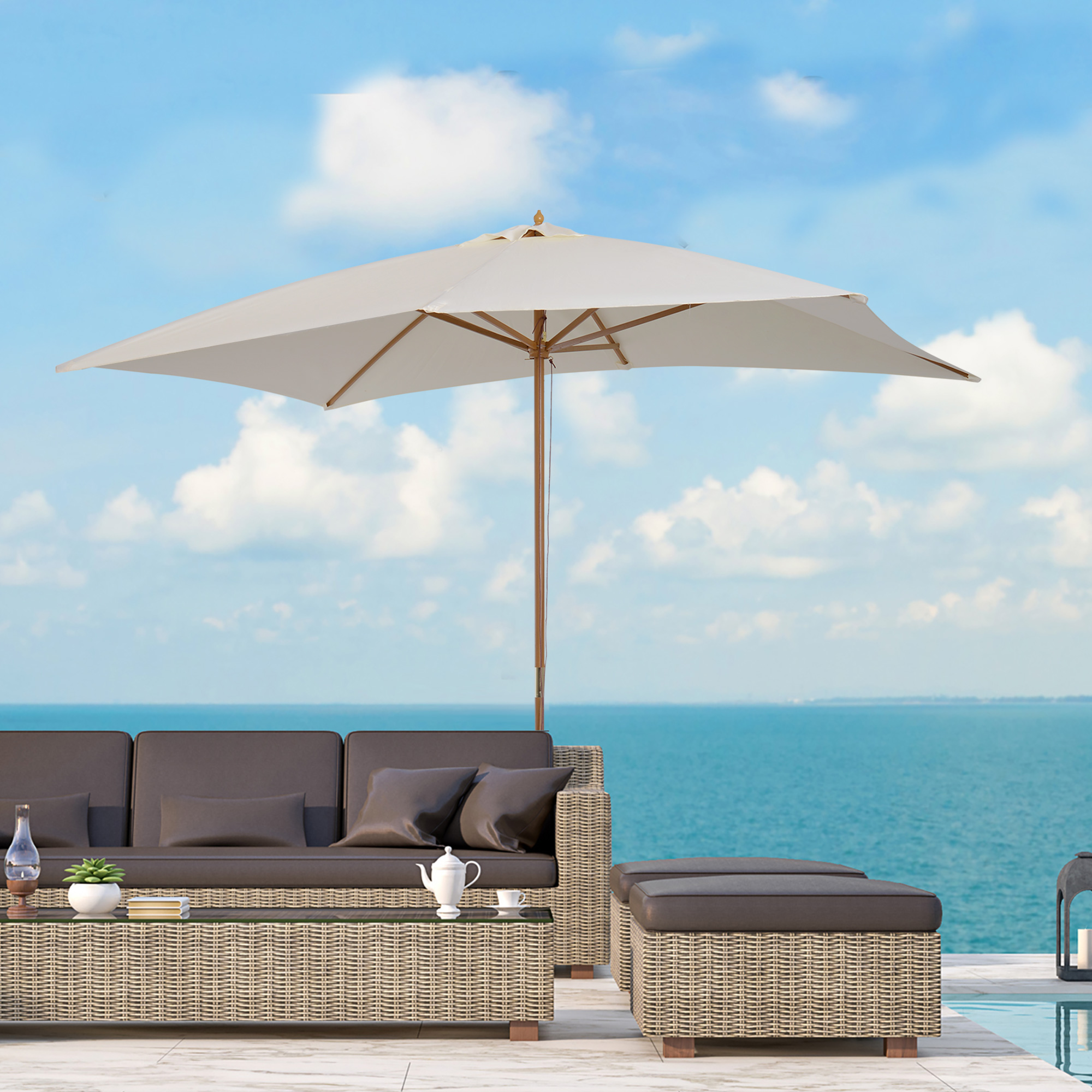 Outsunny Wooden Garden Parasol 3x2m Patio Umbrella Cream Sun Shade ...
