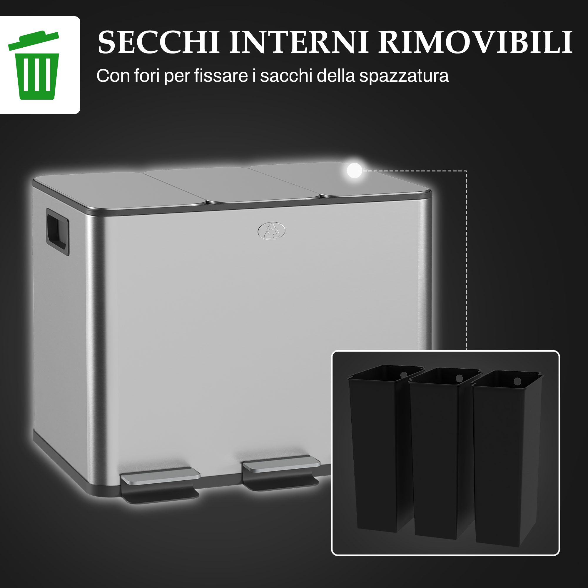 HOMCOM Bidone Immondizia a 3 Sezioni da 20L 61.9x36.6x56.7 cm | Aosom Italy