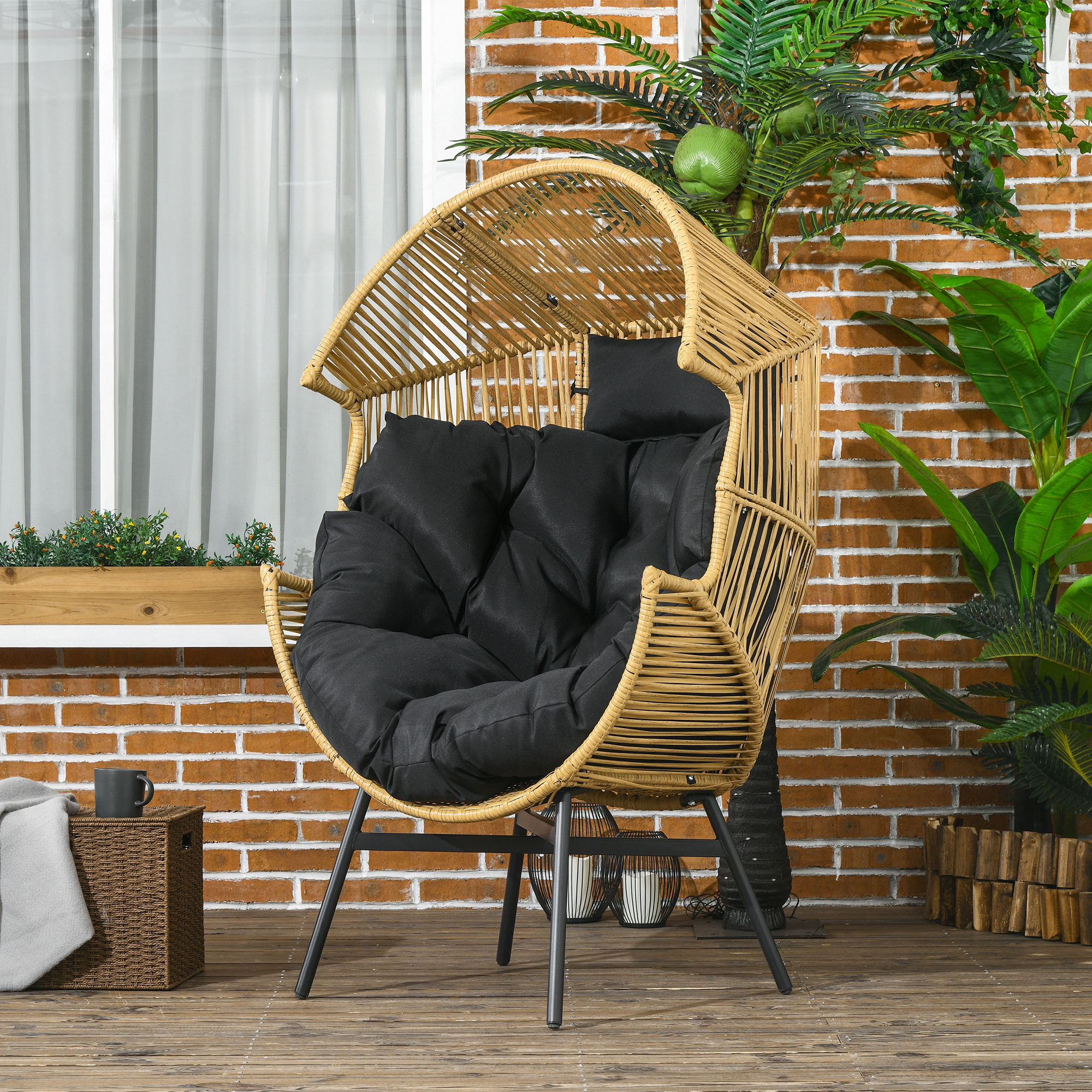 Outsunny PE Rattan Leisure Chair with 14cm Thick Seat Cushion, Steel ...