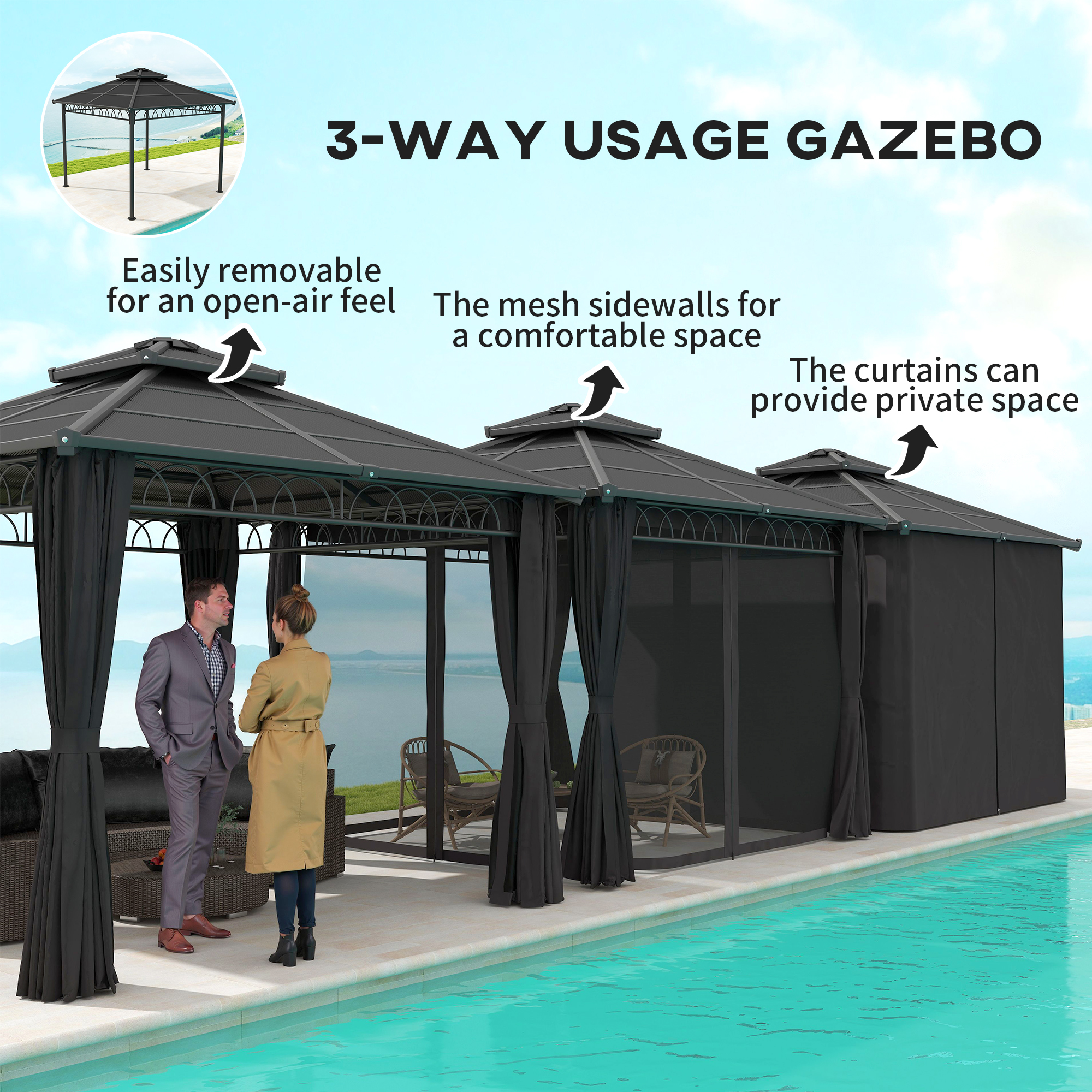Outsunny 3 x 3 (m) Outdoor Polycarbonate Gazebo, Double Roof Hard Top ...