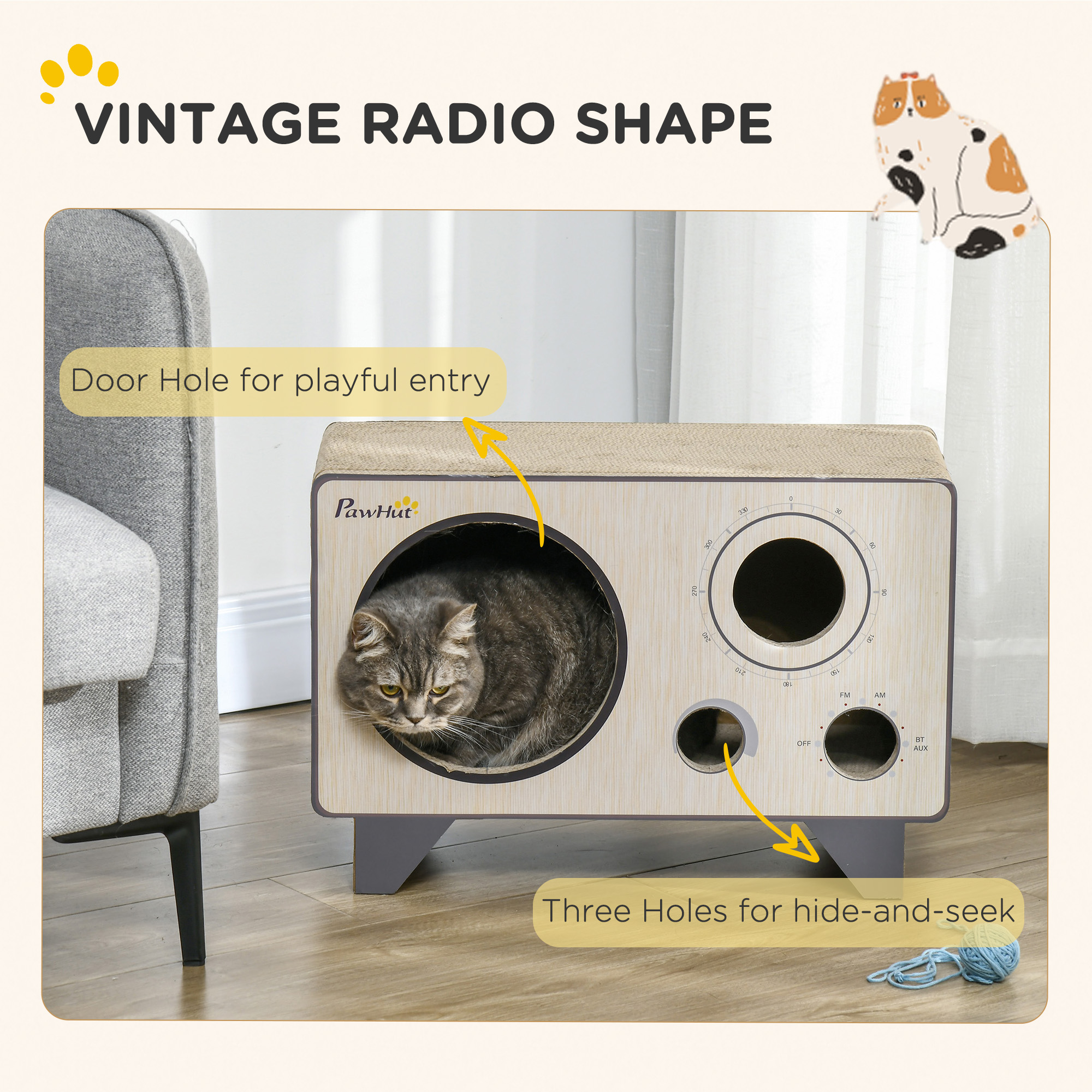 PawHut 2 in 1 Cat Scratcher, Radio Shape Cat House with Catnip, 57 x 24 ...