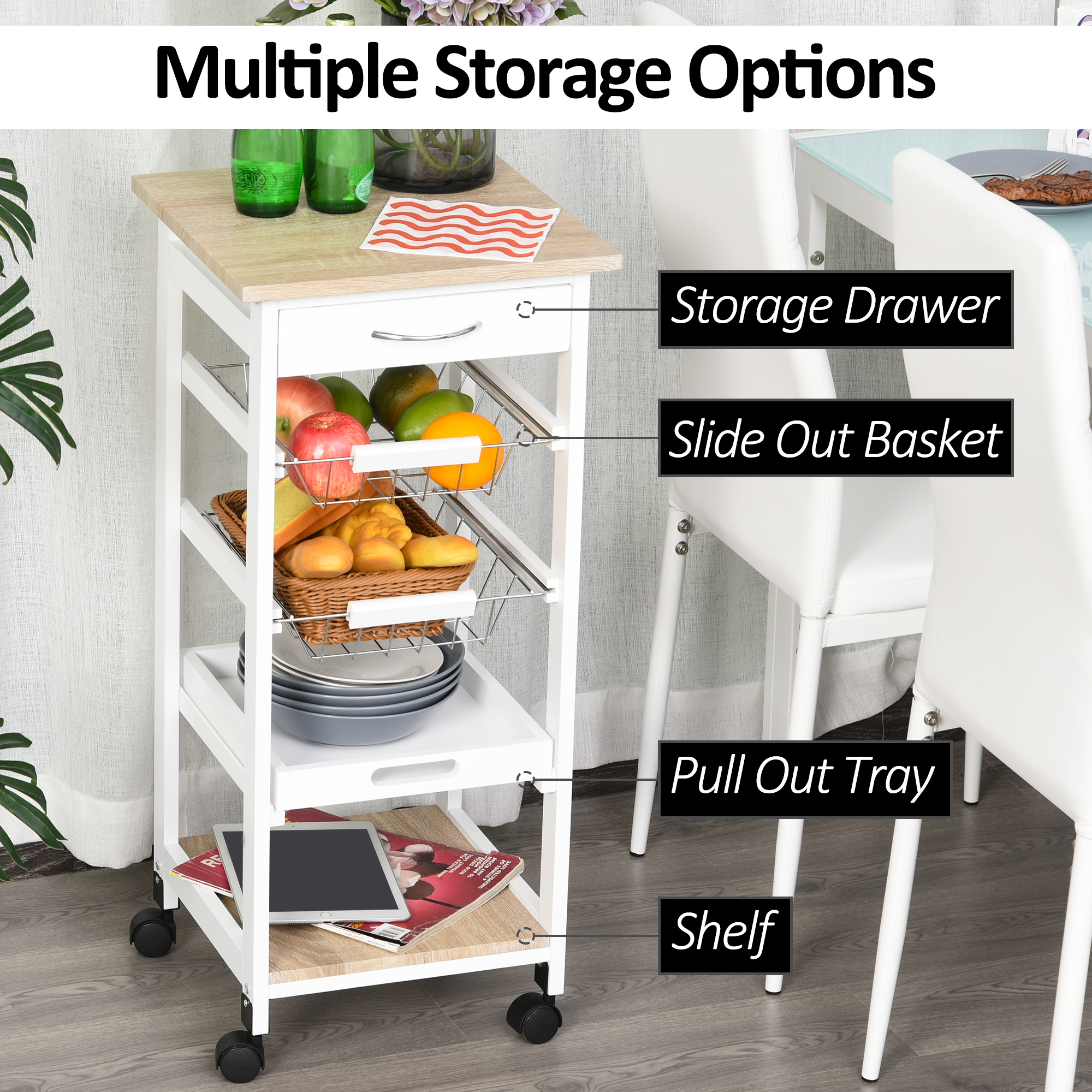 HOMCOM MDF Wood 5-Tier Kitchen Storage Trolley White | Aosom UK