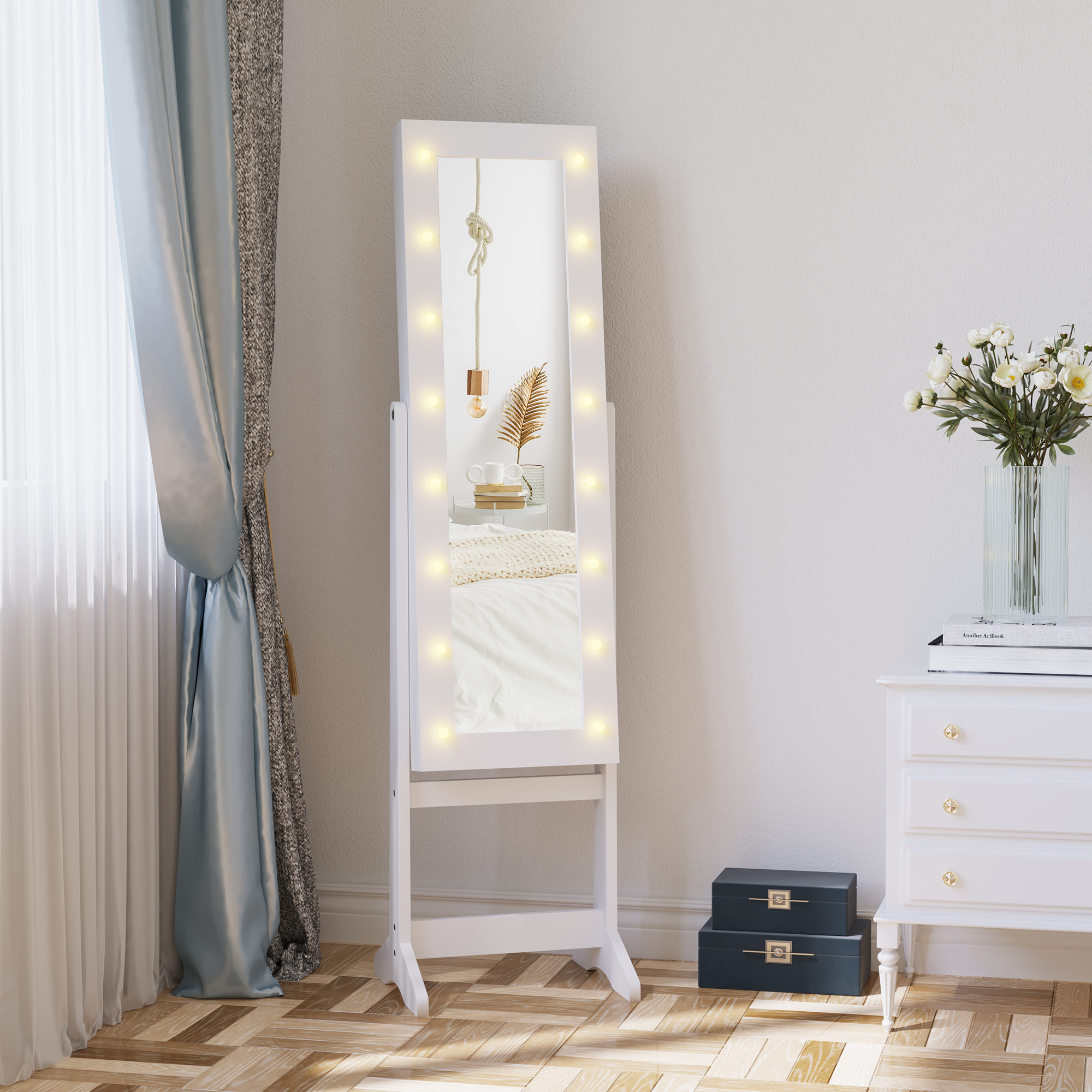HOMCOM Free Standing LED Mirrored Jewelry Cabinet Armoire Floor Organiser W 3 Angle Adjustable For Rings Earrings Bracelets Cosmetics White Aosom UK