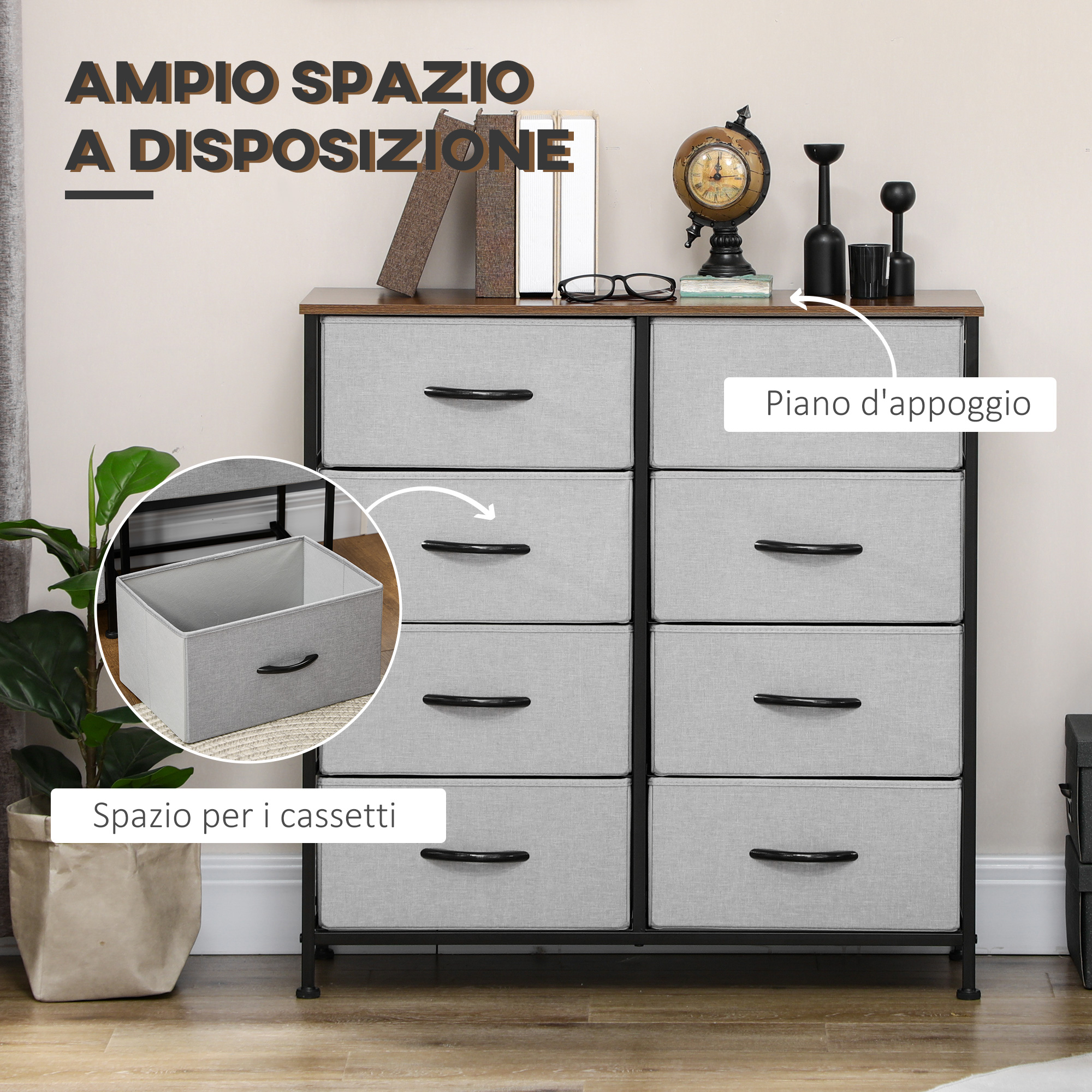 HOMCOM Cassettiera 8 Cassetti in Tessuto Stile Industriale | Aosom Italy
