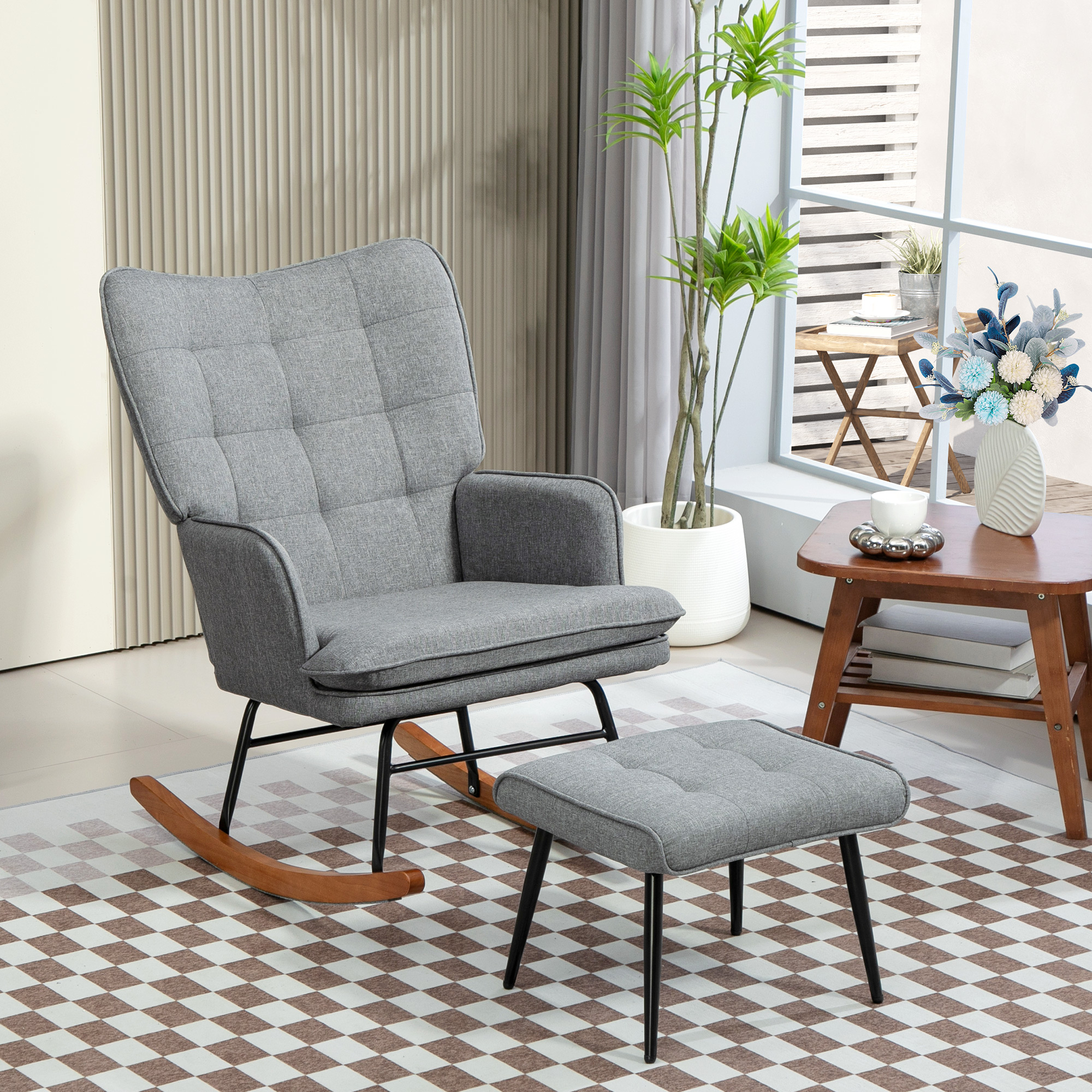 HOMCOM Linen-Look Rocking Chair and Ottoman Set - Grey | Aosom UK