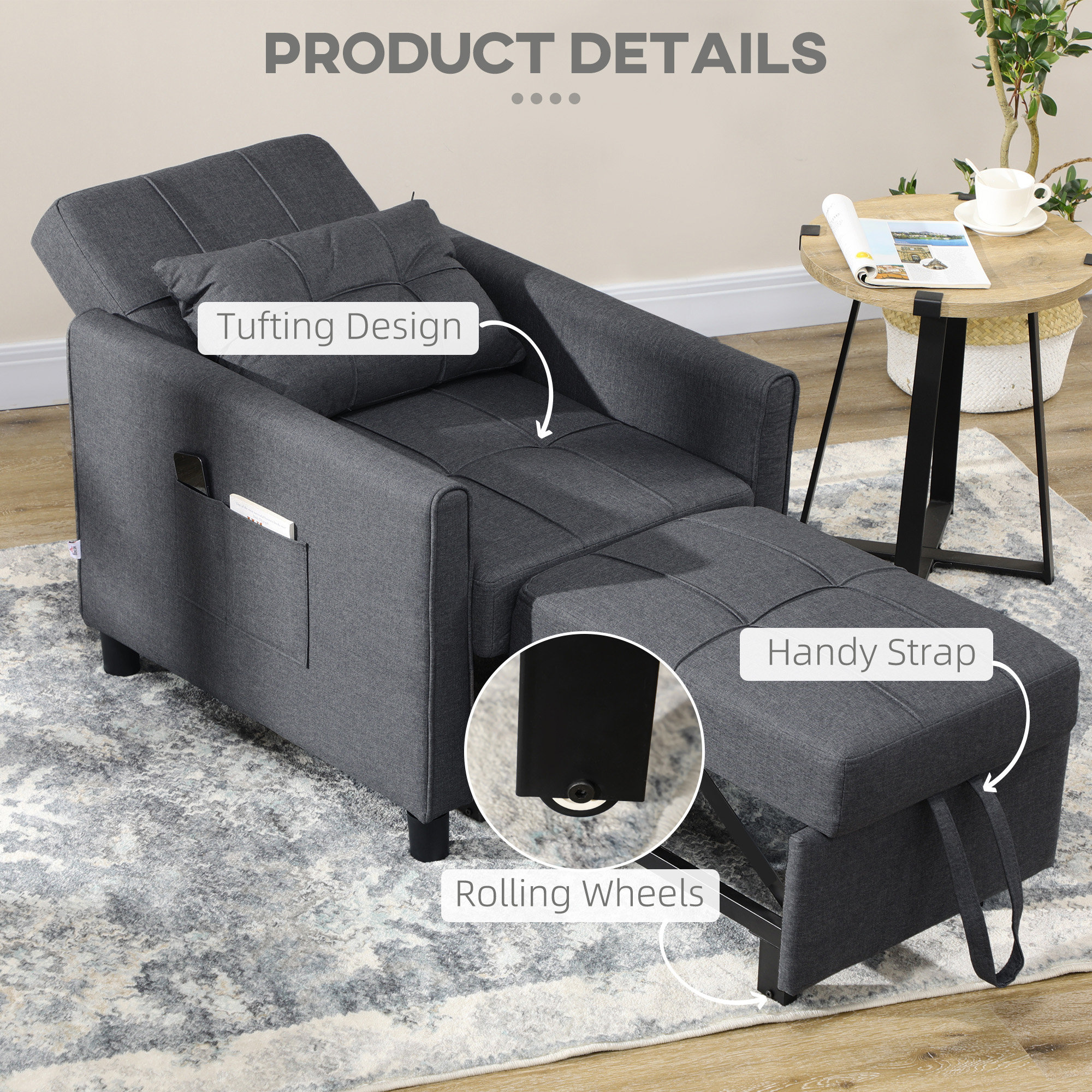 HOMCOM 3 in 1 Sofa Bed Chair Convertible Pull Out Single Sleeper Grey Aosom UK