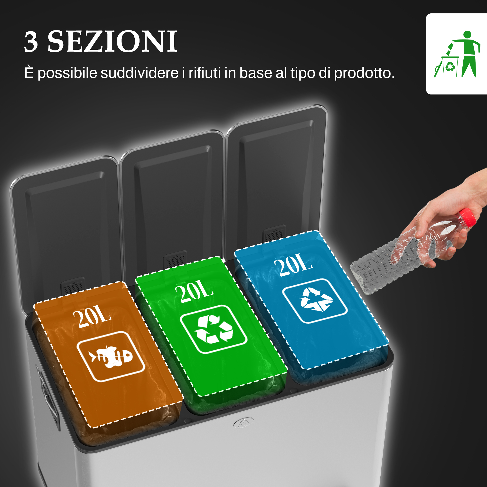 HOMCOM Bidone Immondizia a 3 Sezioni da 20L 61.9x36.6x56.7 cm | Aosom Italy