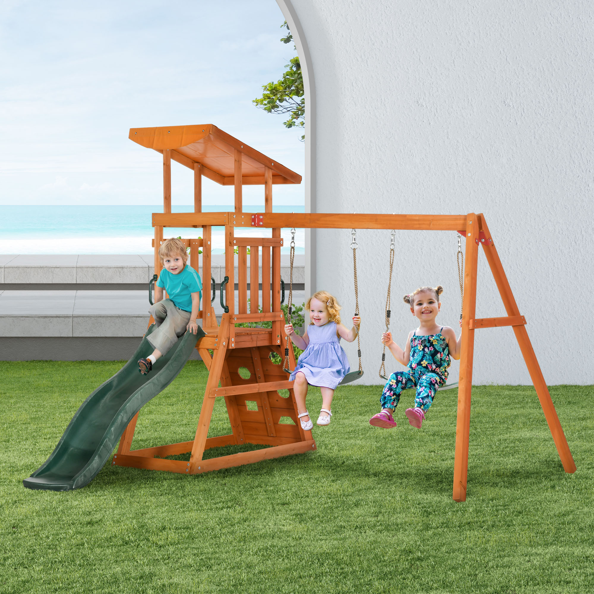 Outsunny Set Scivolo e 2 Altalene in Legno per Bambini 3-8 Anni | Aosom ...