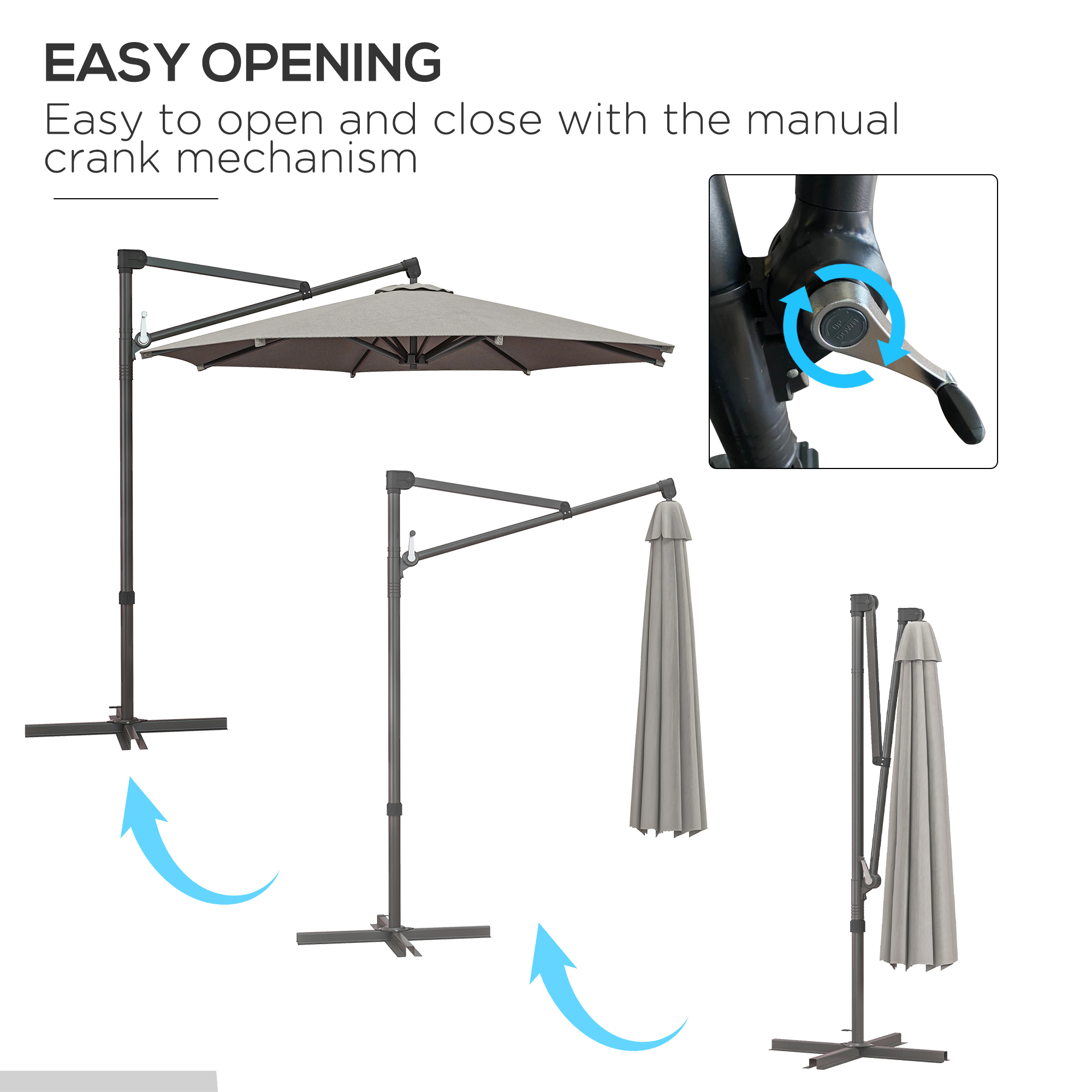Outsunny 3m Overhanging Parasol, with 360° Reotating Movement - Light ...