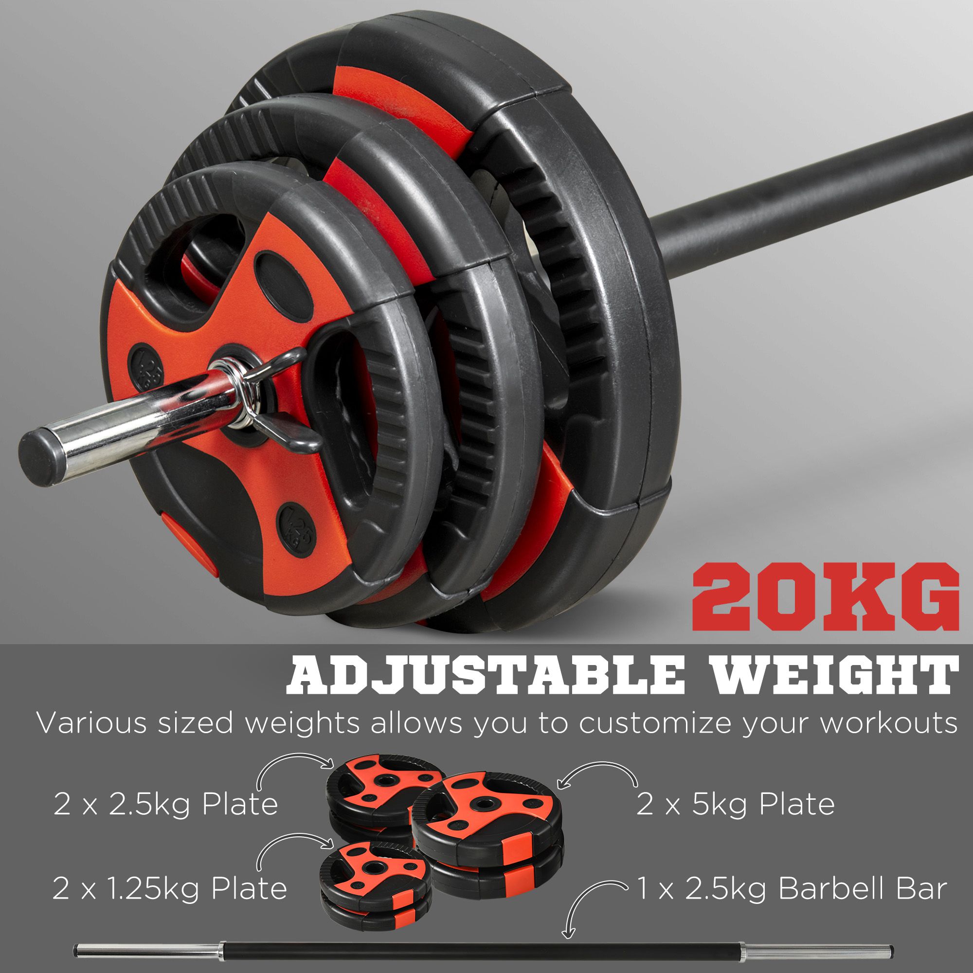 SPORTNOW 20kg Barbell Weights Set, Adjustable Weight Set, Free Body ...