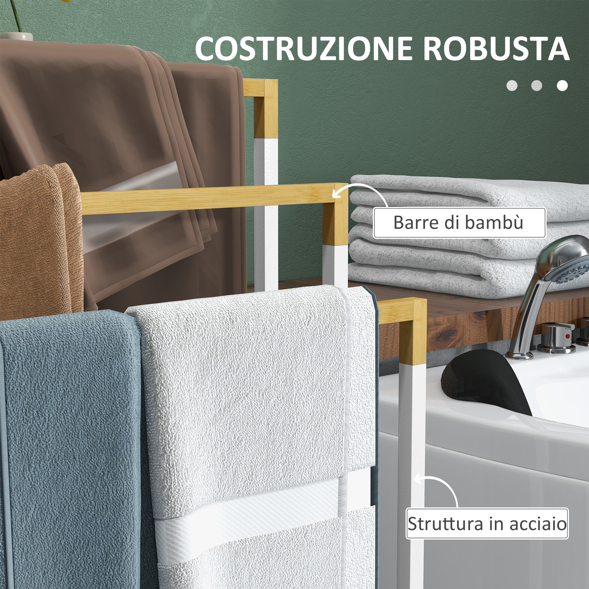 kleankin Porta Asciugamani a 3 Sbarre in Bambù e Acciaio Bianco | Aosom ...