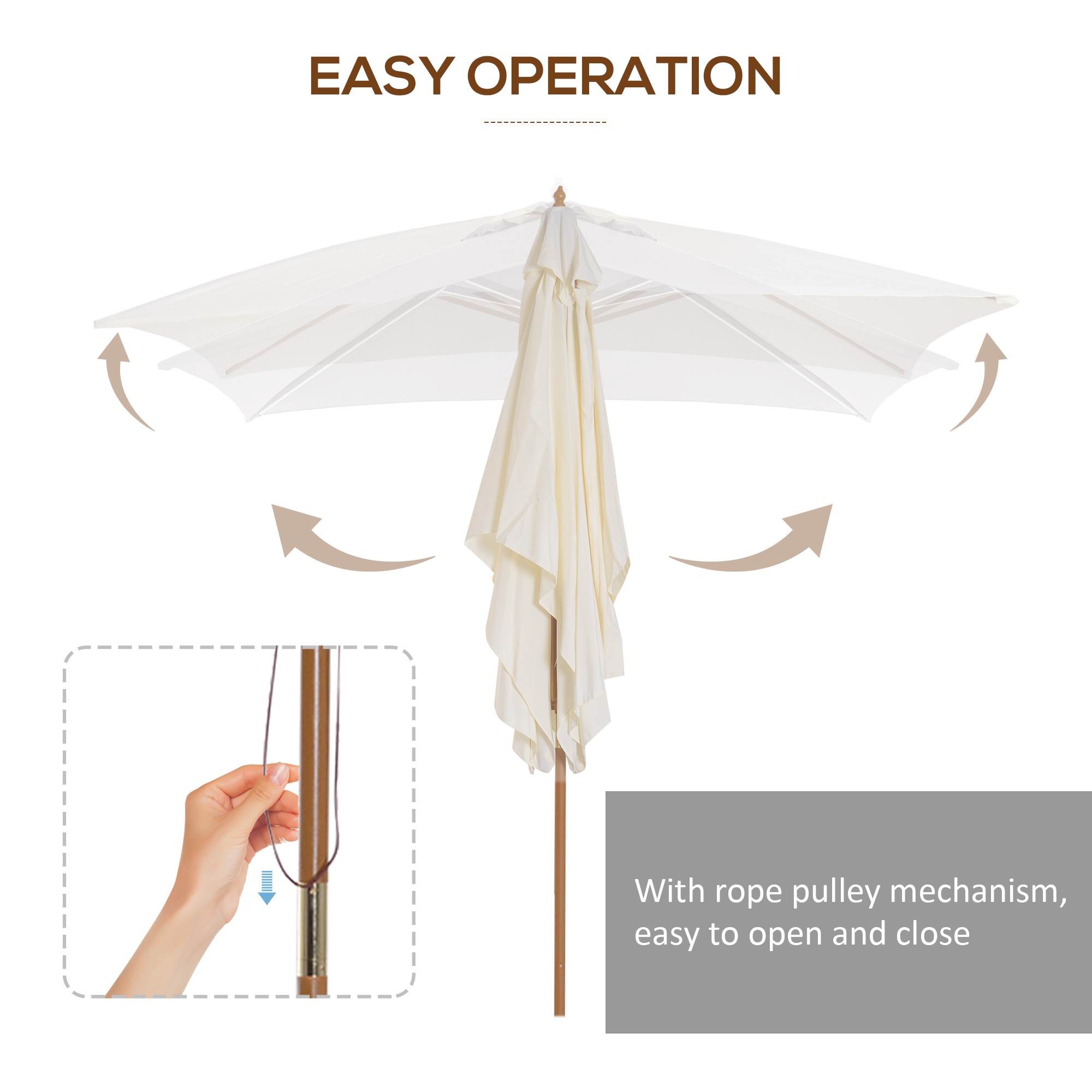 Outsunny Wooden Garden Parasol 3x2m Patio Umbrella Cream Sun Shade ...