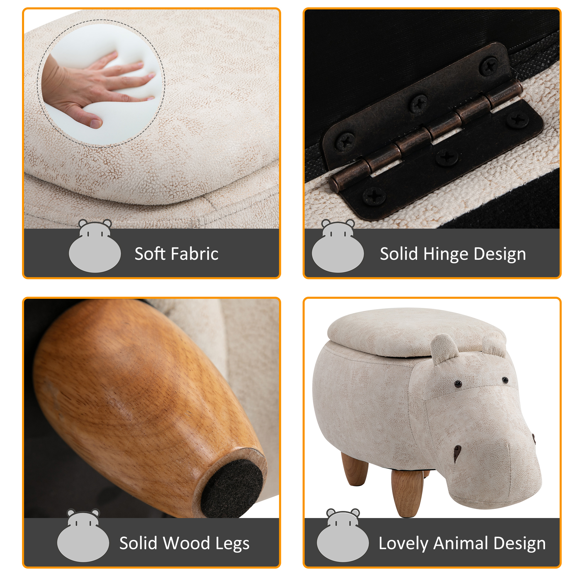 HOMCOM Hippo Storage Stool Cute Decoration Footrest Wood Frame Legs ...