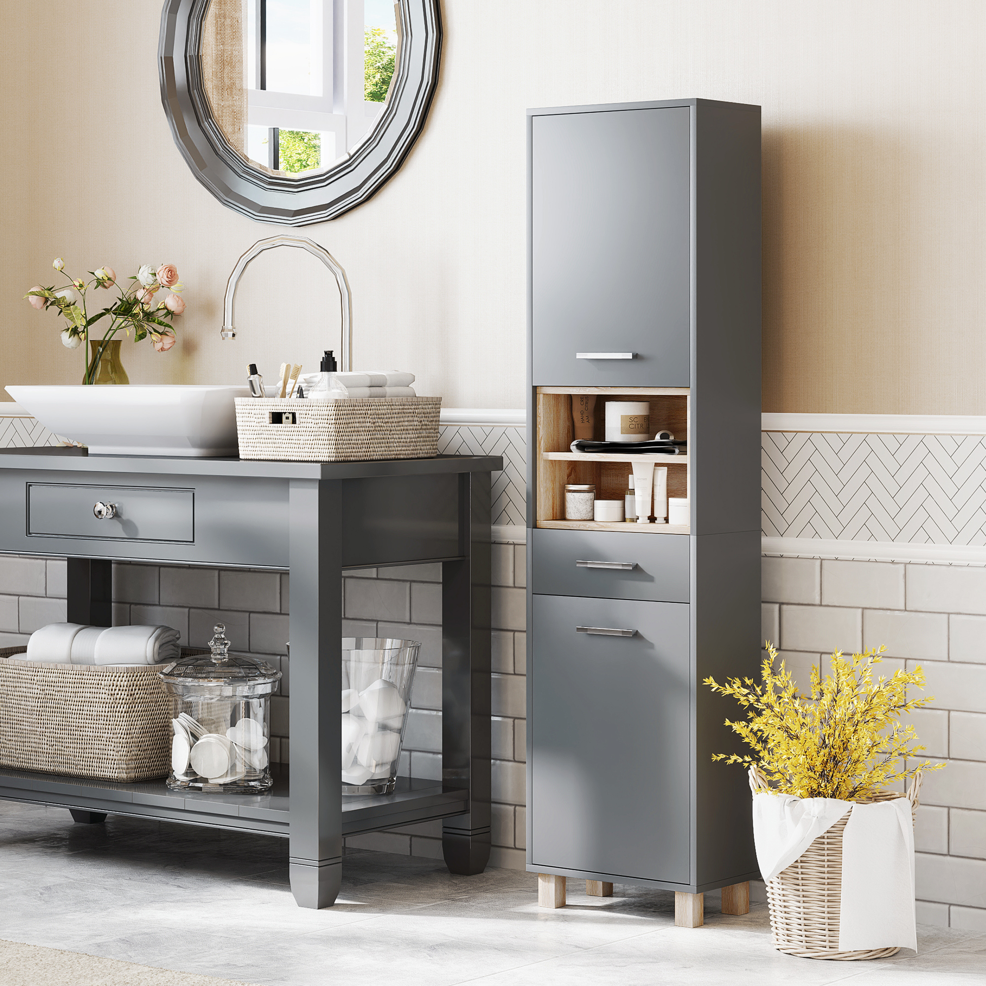 HOMCOM Tall Bathroom Storage Cabinet with MDF Triamine Board - Matte ...