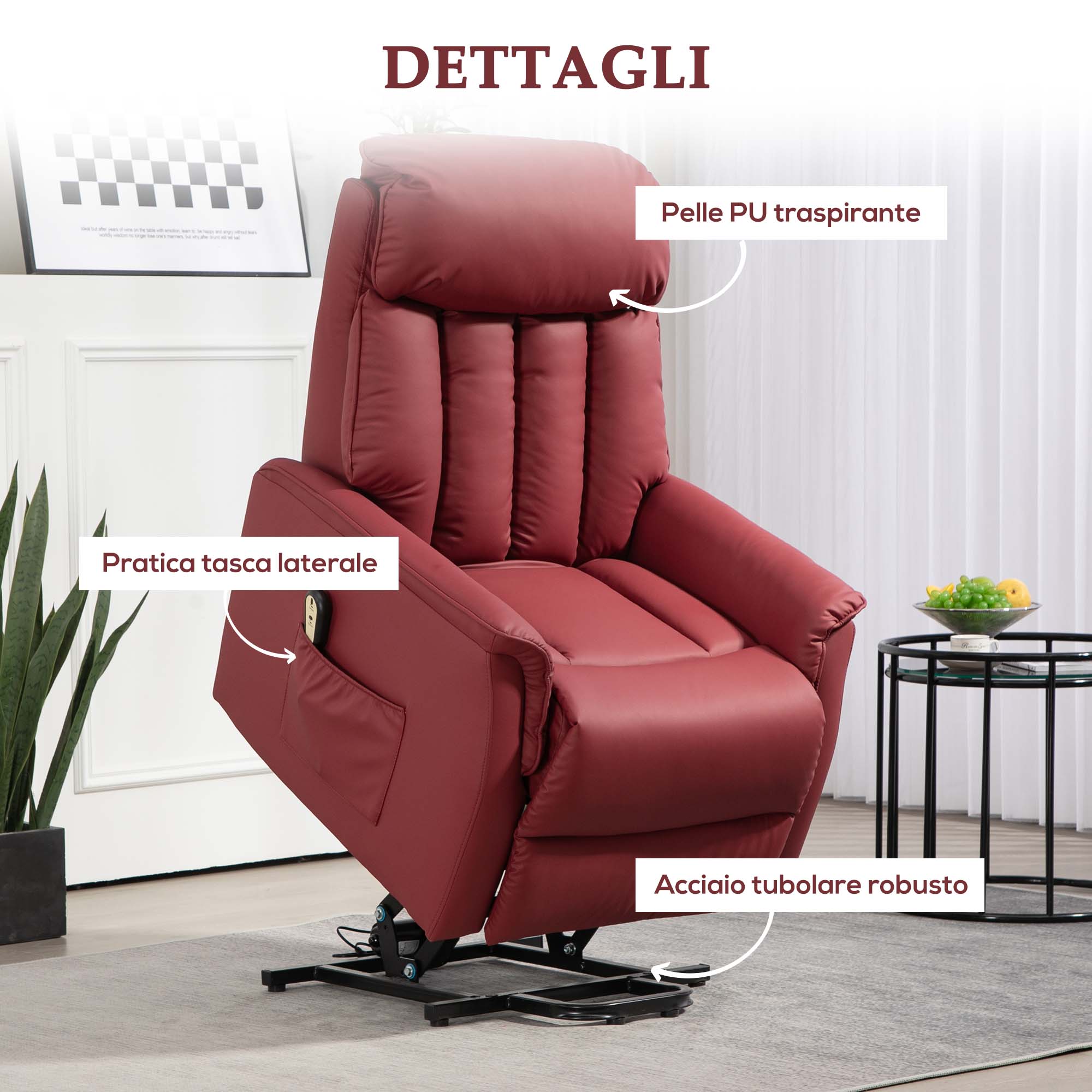 HOMCOM Poltrona Relax Reclinabile Alzapersone e Telecomando Rosso ...