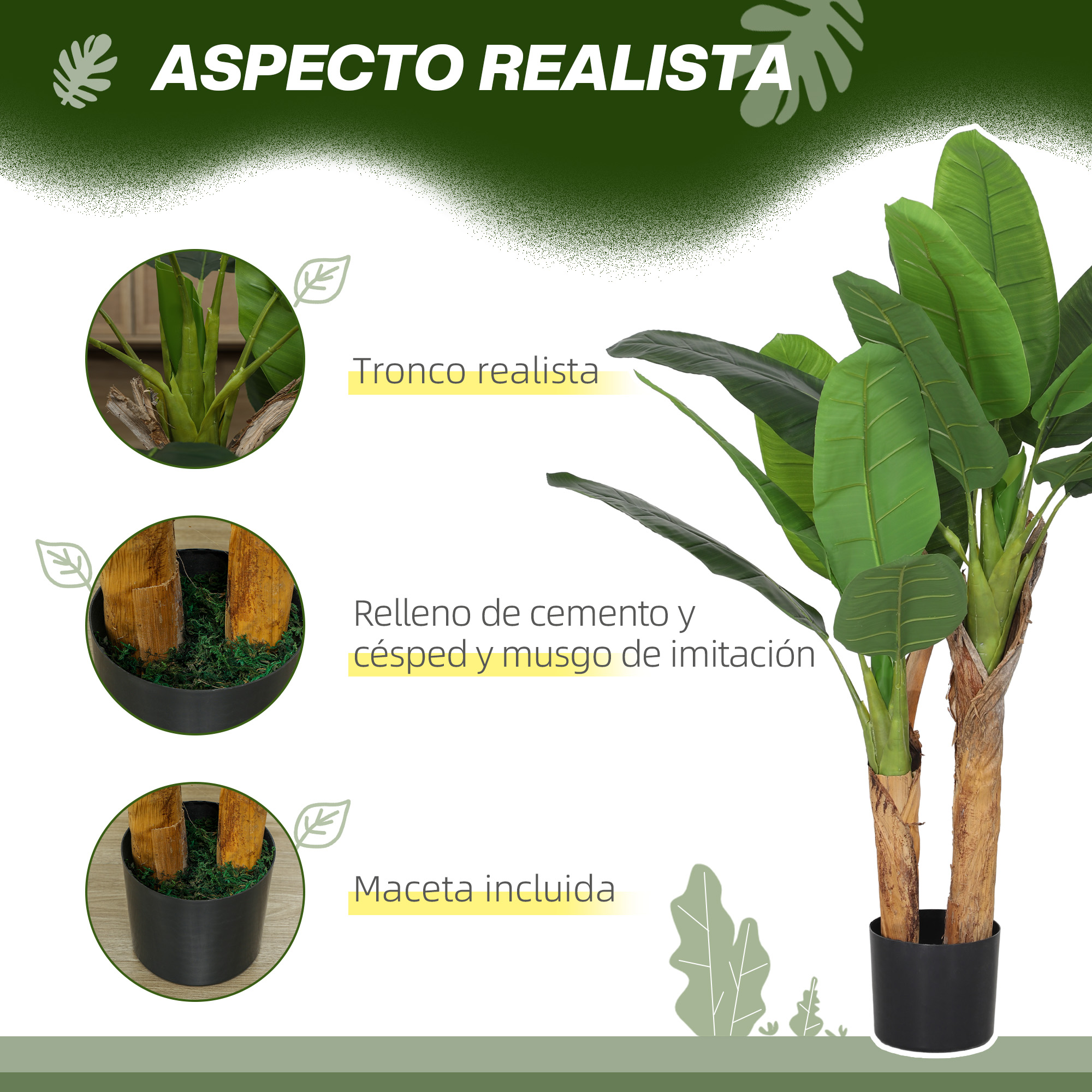HOMCOM Planta Artificial Bananera de 120 cm con Maceta y 15 Hojas ...