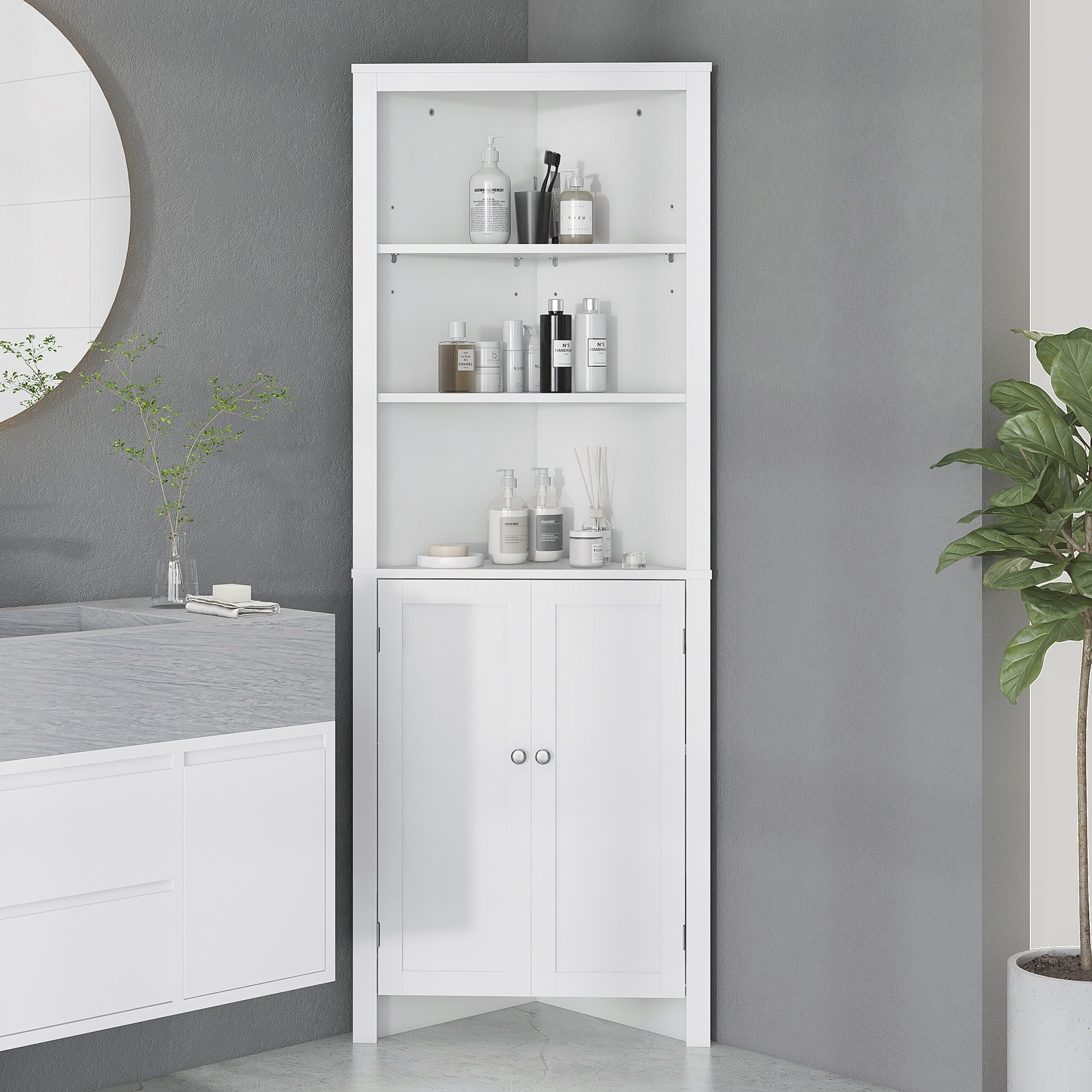 kleankin Triangle Bathroom Cabinet Corner Bathroom Storage Unit White Aosom UK