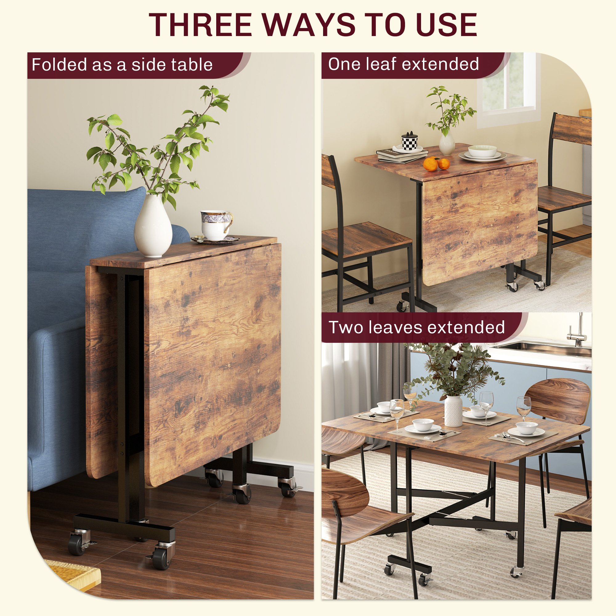 HOMCOM Six-Seater Drop-Leaf Dining Table, with Wheels - Brown Wood ...