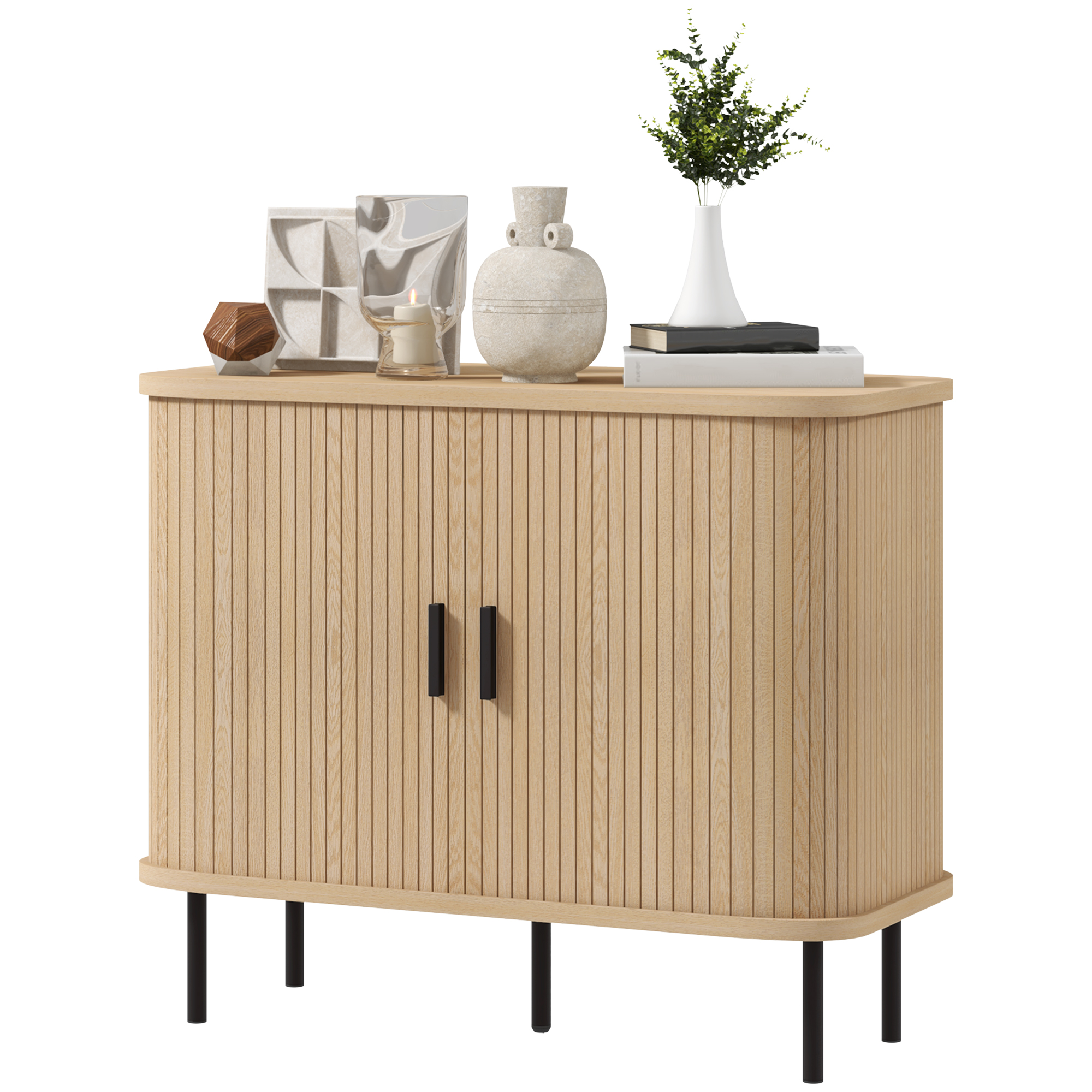 HOMCOM Mid Century Modern Sideboard Storage Cabinet with Slatted Tambour Sliding Doors Kitchen Cabinet with Steel Legs Oak Tone Aosom UK