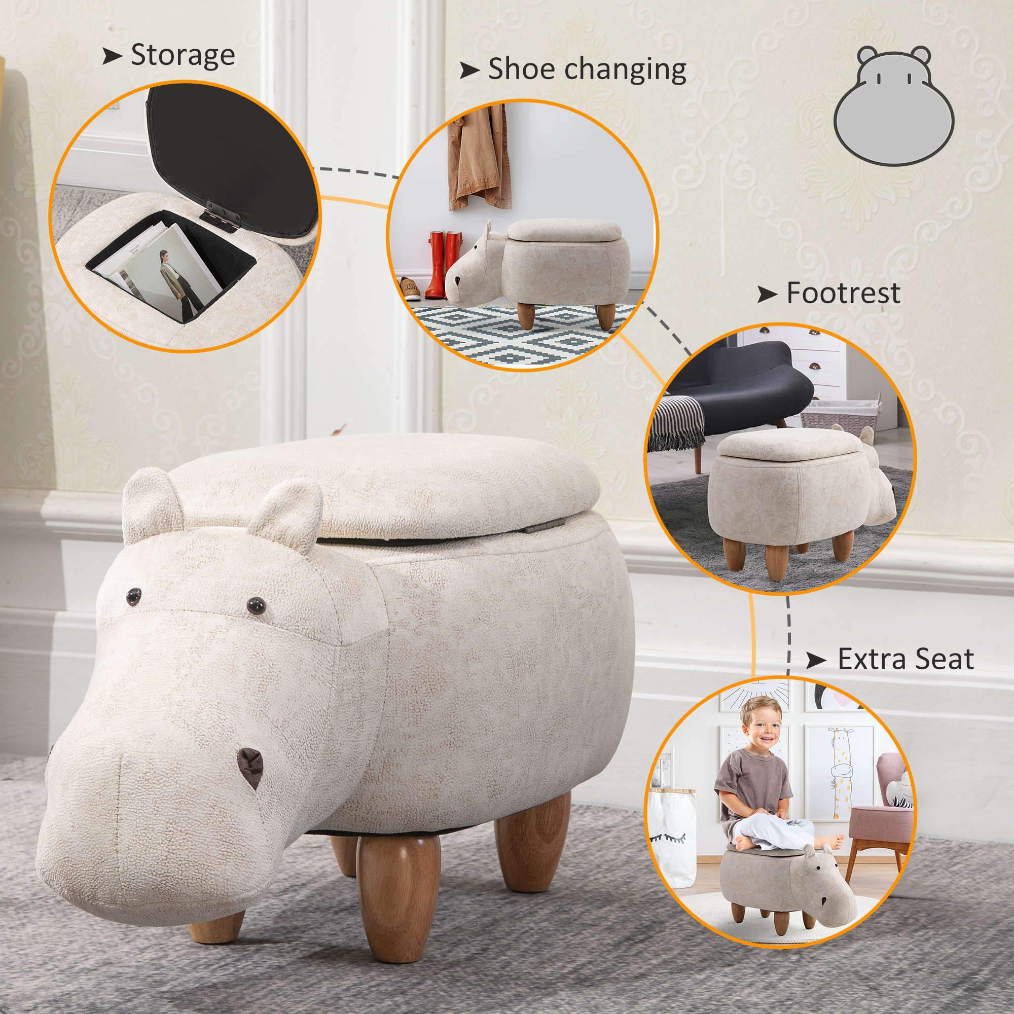 HOMCOM Hippo Storage Stool Cute Decoration Footrest Wood Frame Legs ...