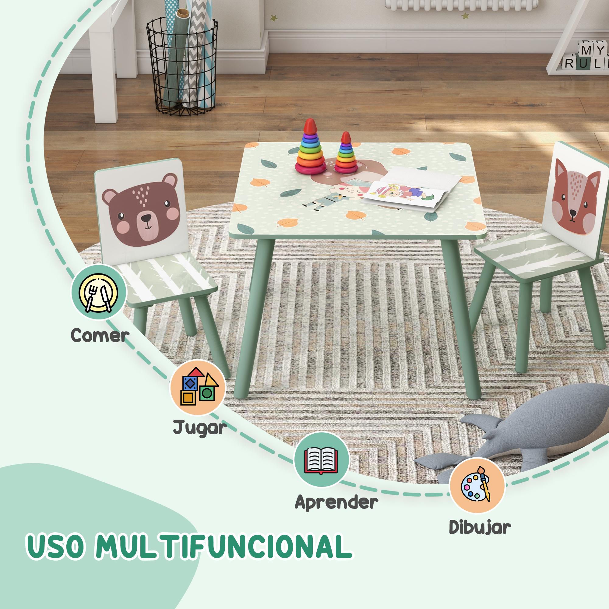 ZONEKIZ Set de Mesa y 2 Sillas Conjunto de Muebles Infantiles de 3 ...