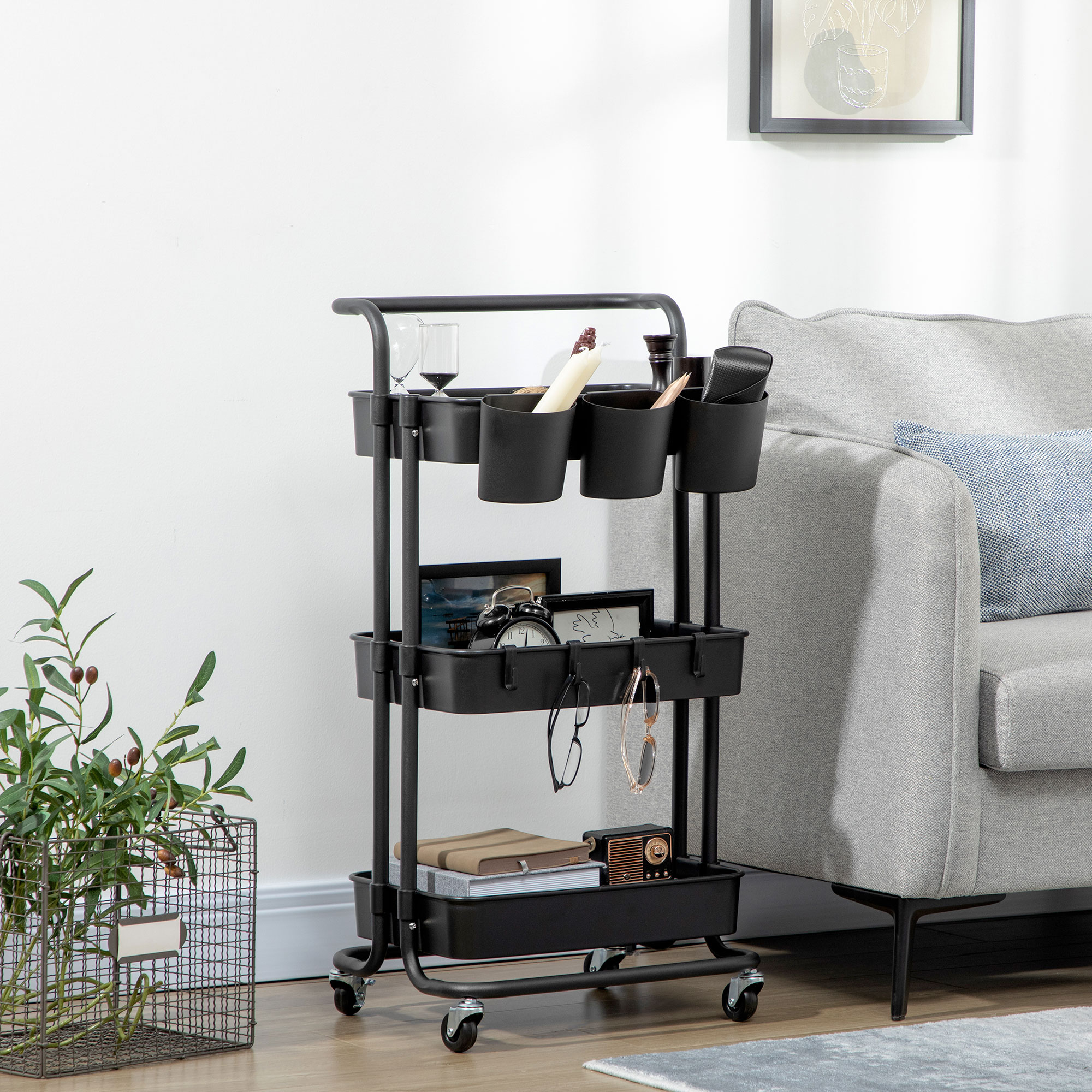 HOMCOM 3 Tier Utility Rolling Cart, Kitchen Cart with 3 Removable Mesh ...