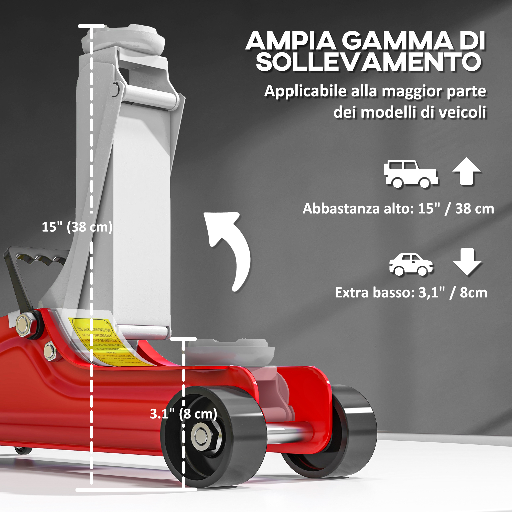 HOMCOM Cric Idraulico Sollevamento 8-38cm Capacità 2.5 Ton Rosso ...