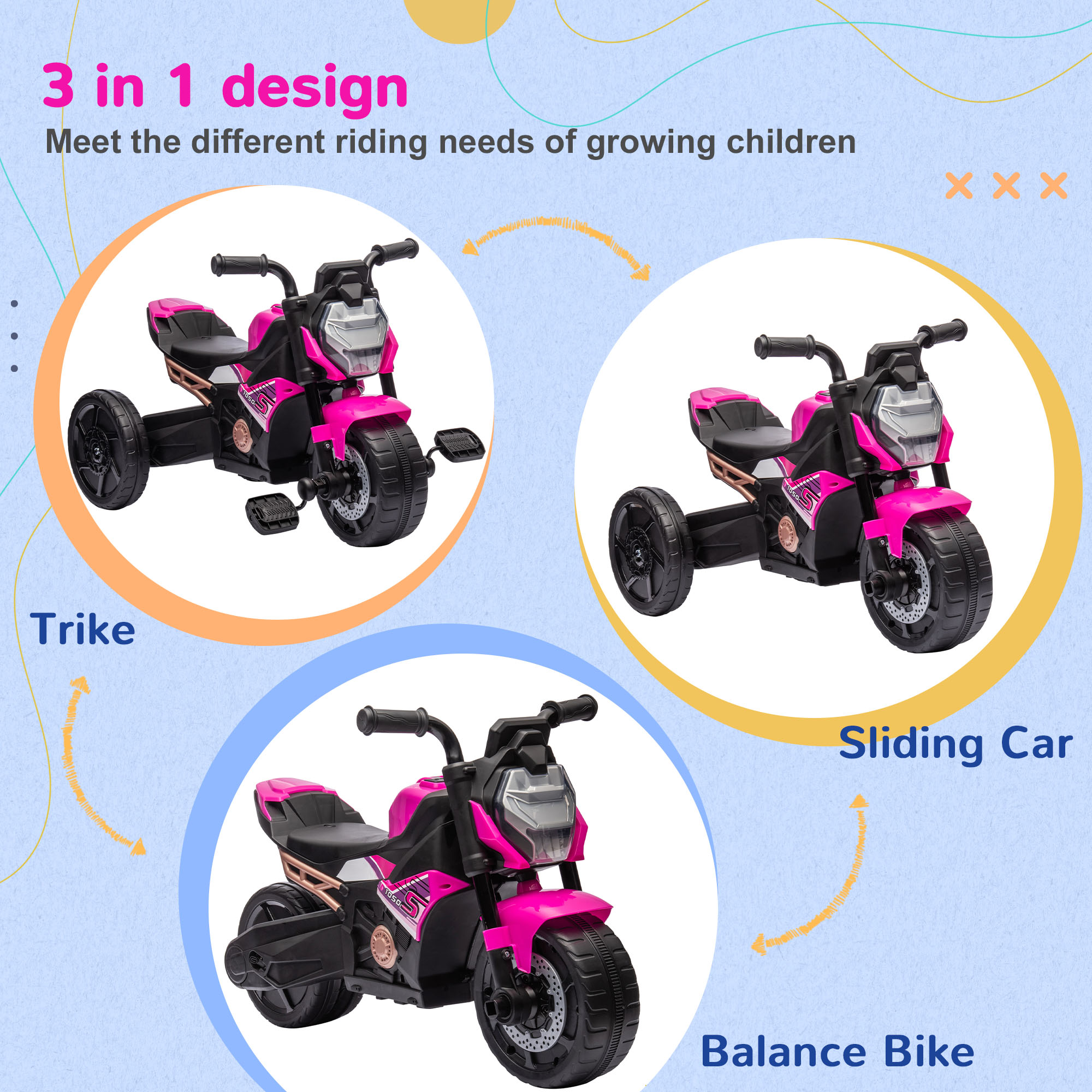AIYAPLAY Motorcycle Design, 3 in 1 Toddler Trike, Sliding Car, Balance Bike with Headlight ...