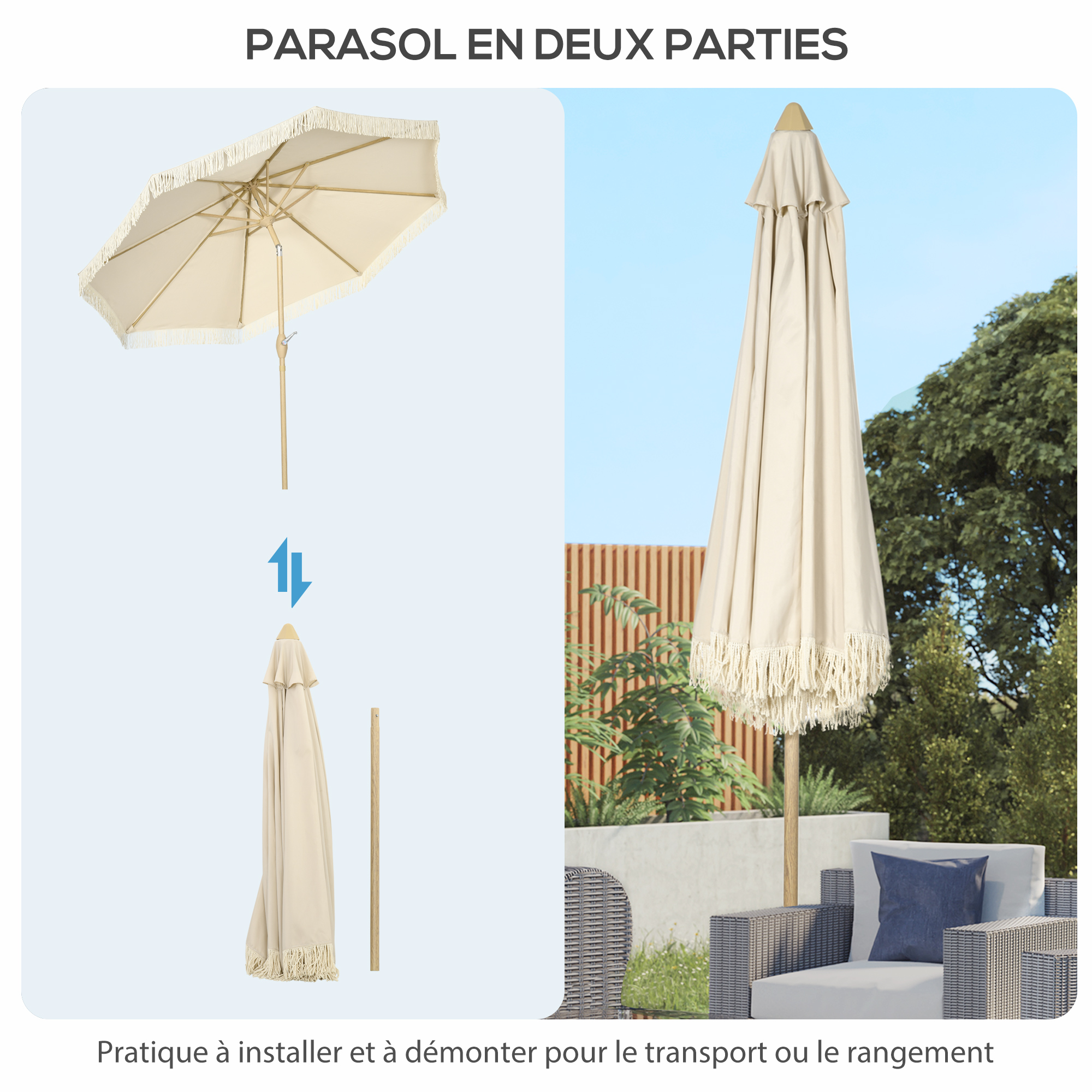 Outsunny Parasol de jardin inclinable parasol avec manivelle à franges ...