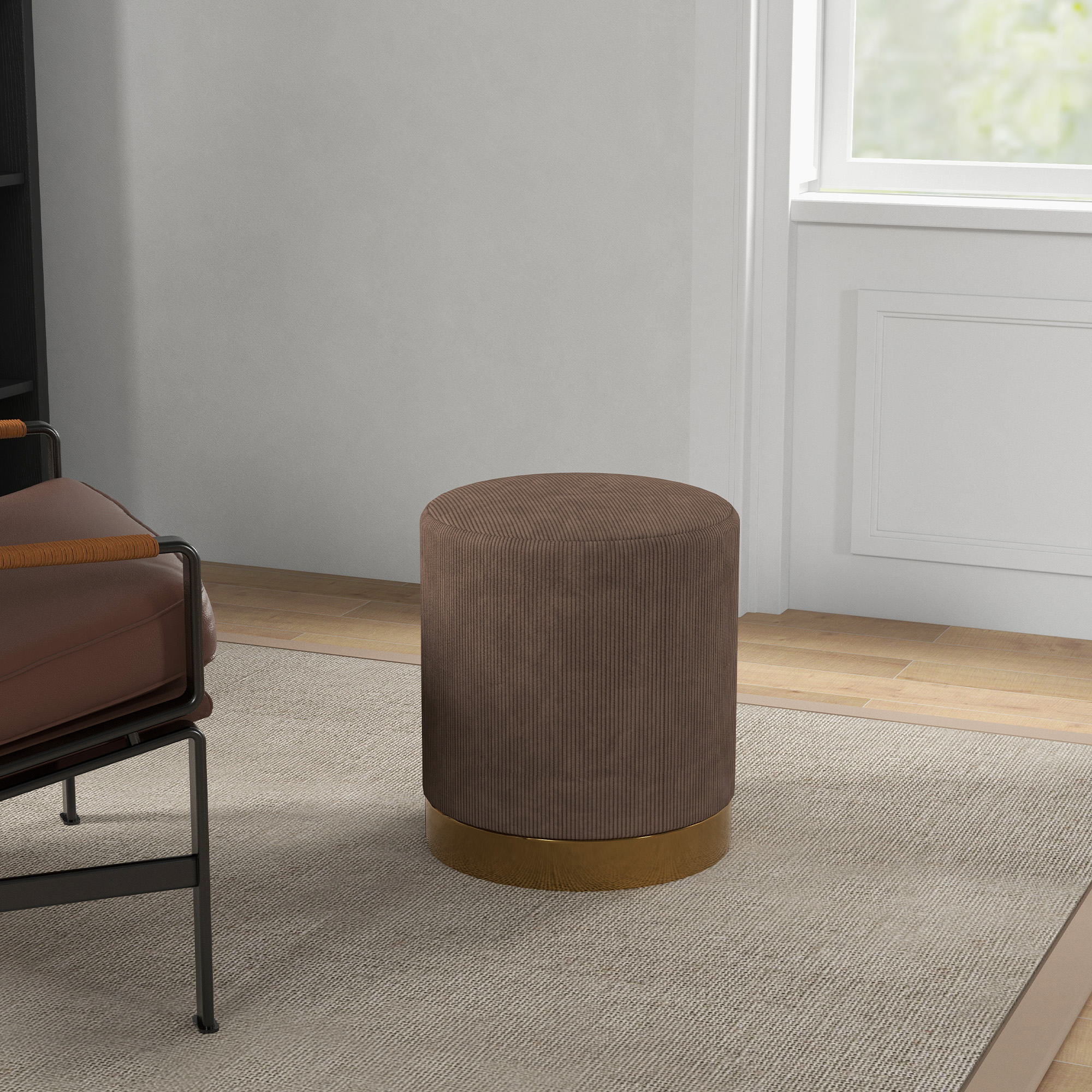 HOMCOM Corduroy Fabric Round Footstool, Modern Upholstered Foot Stool ...