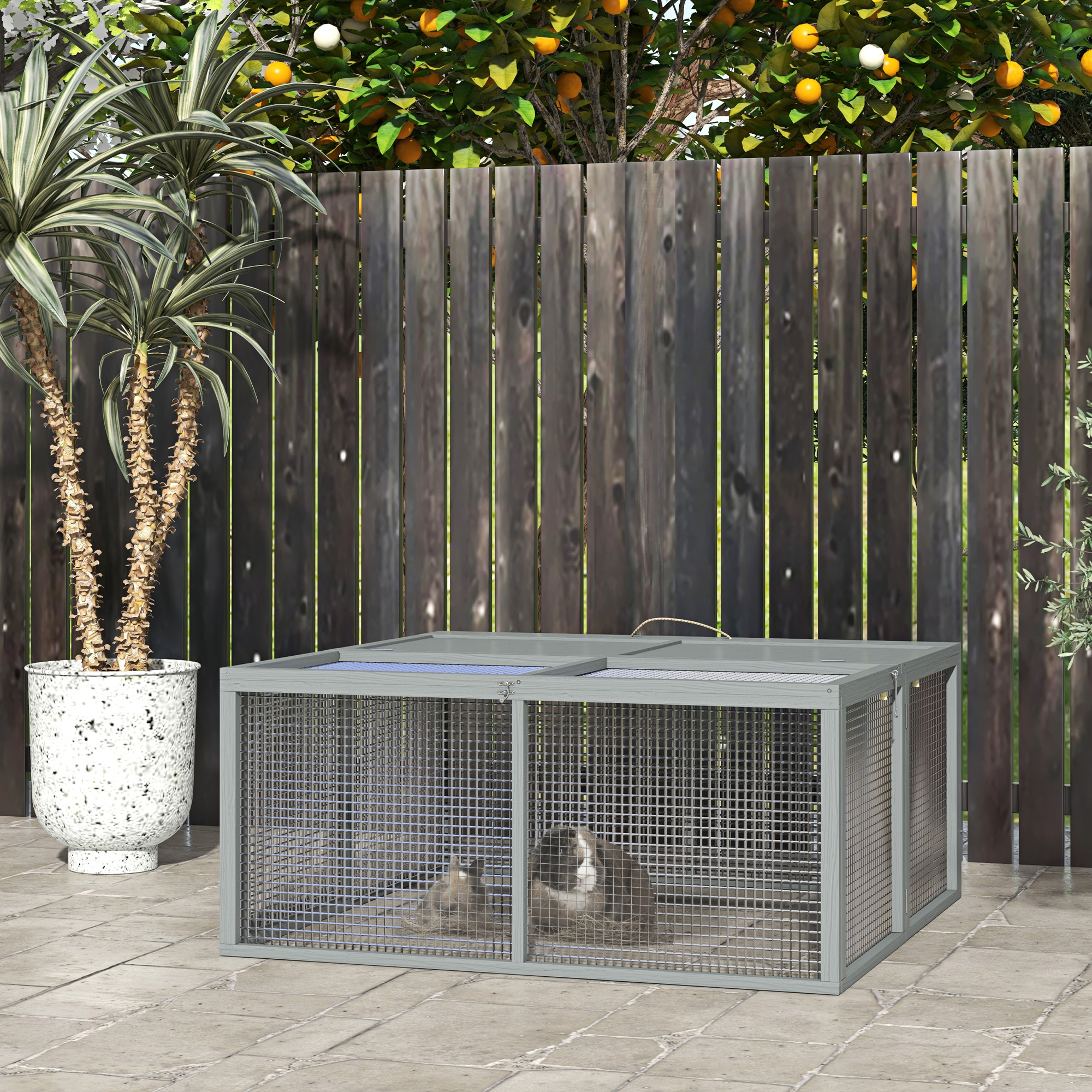 PawHut Folding Rabbit Run Wooden Rabbit Hutch for 2-3 Rabbits, Grey ...