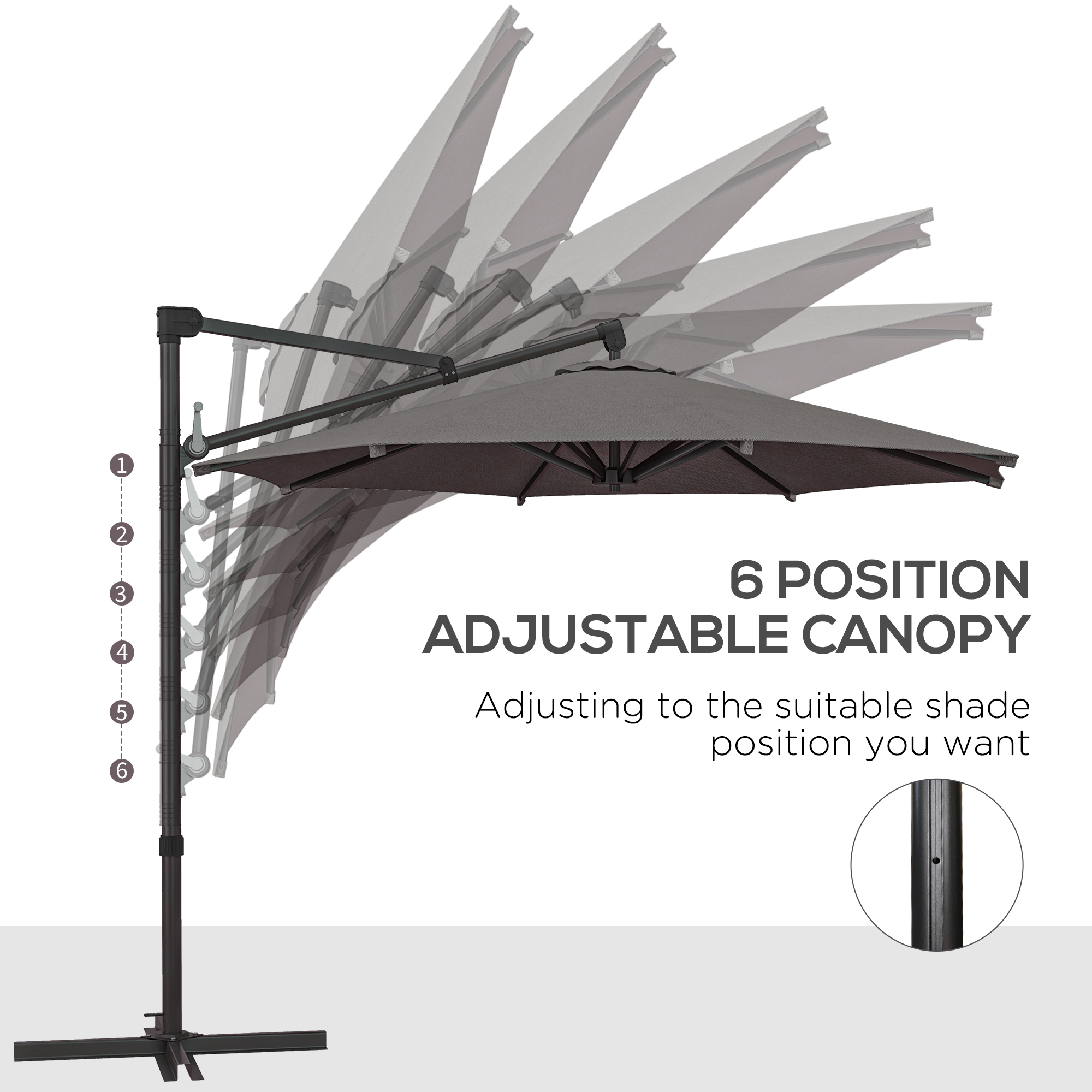 Outsunny 3m Overhanging Parasol, with 360° Rotating Movement - Dark ...