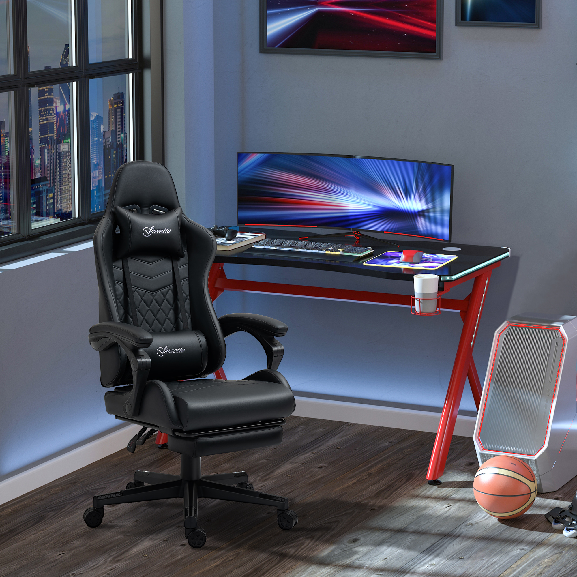 Vinsetto Racing Gaming Chair with Swivel Wheel Footrest PU Leather Recliner Gamer Desk for Home Office Black Aosom UK