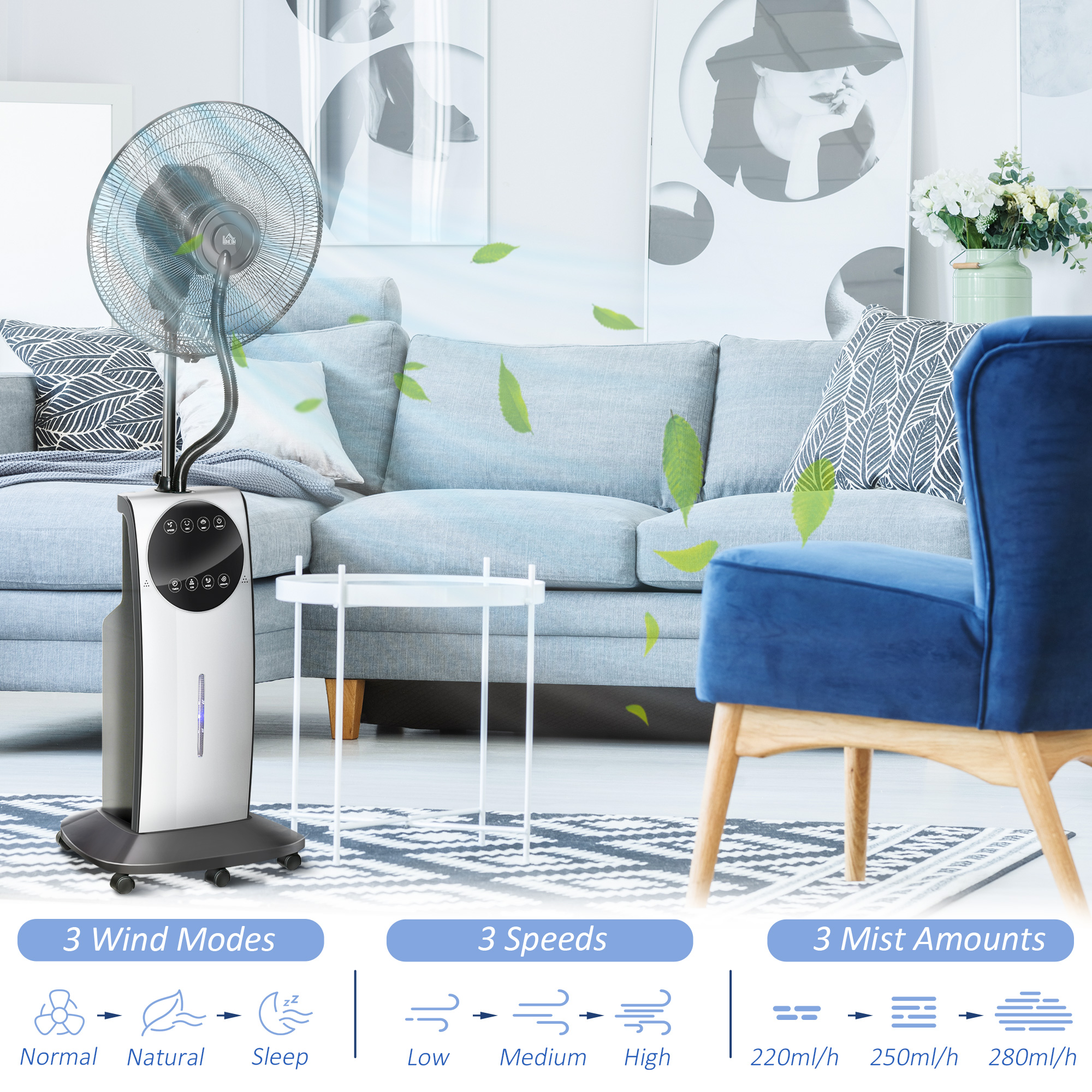 HOMCOM Pedestal Fan with Water Mist Spray, Humidifying Misting Fan ...