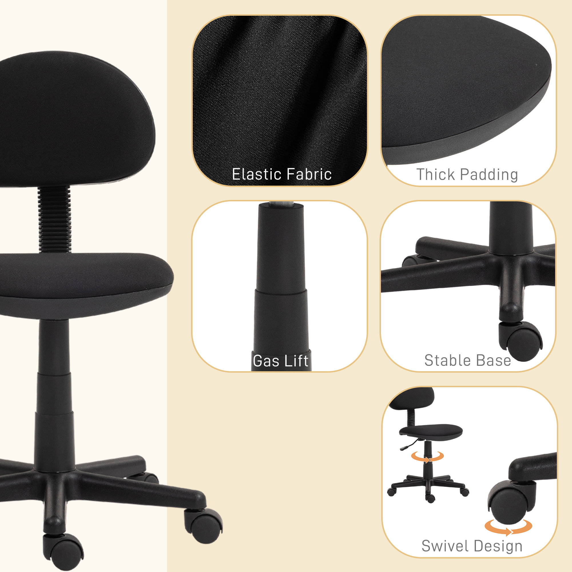 HOMCOM Small Armless Office Chair - Black | Aosom UK