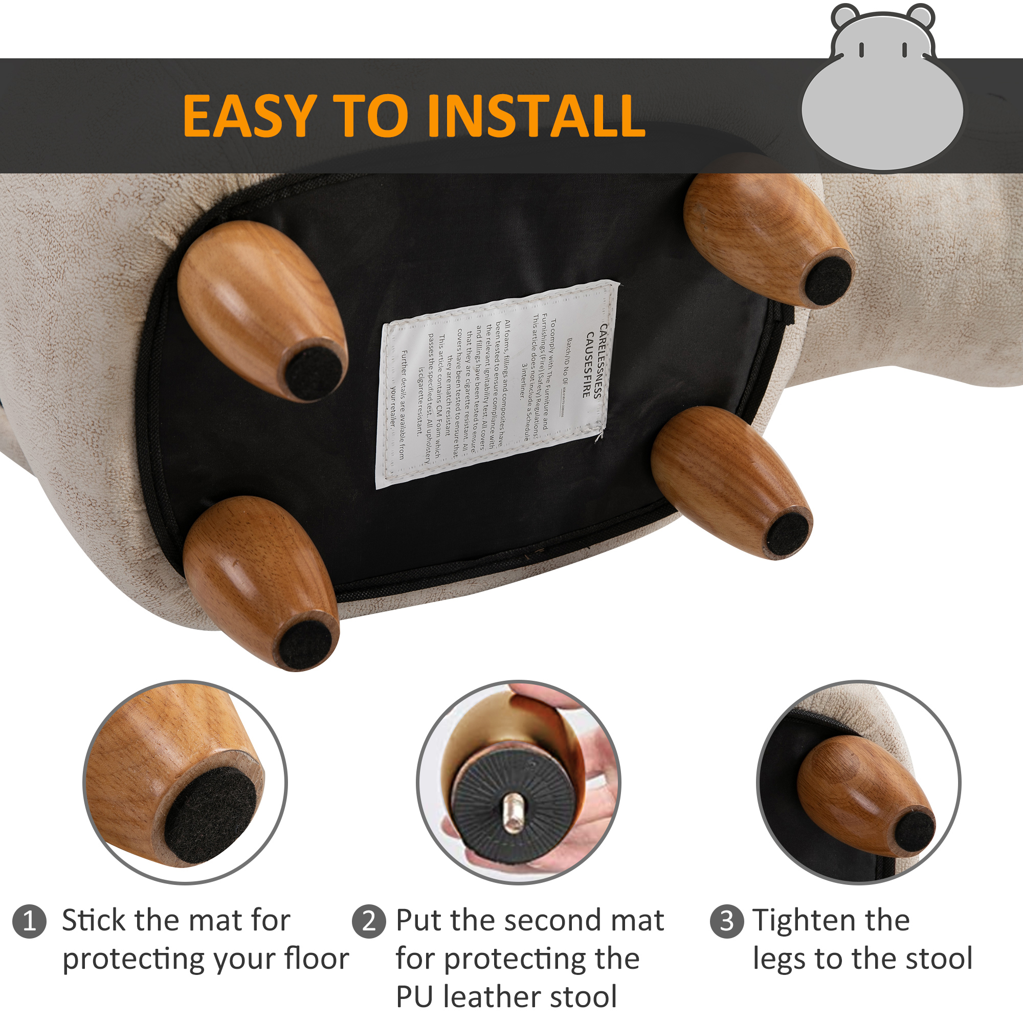 HOMCOM Hippo Storage Stool Cute Decoration Footrest Wood Frame Legs ...
