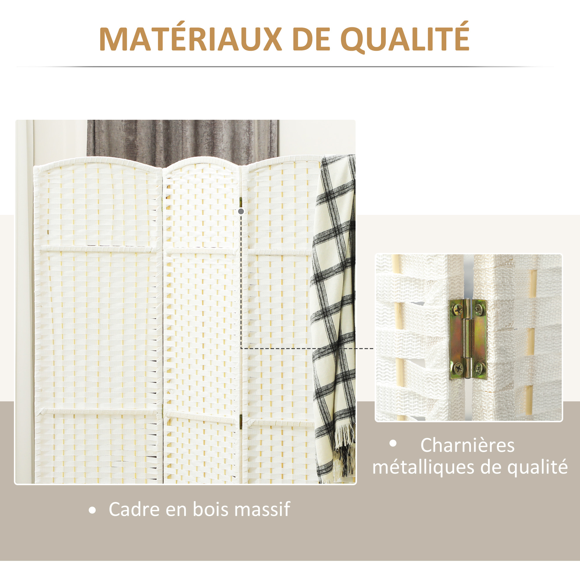HOMCOM Paravent interieur en bois 4 panneaux 160 x 170 cm séparateur de ...