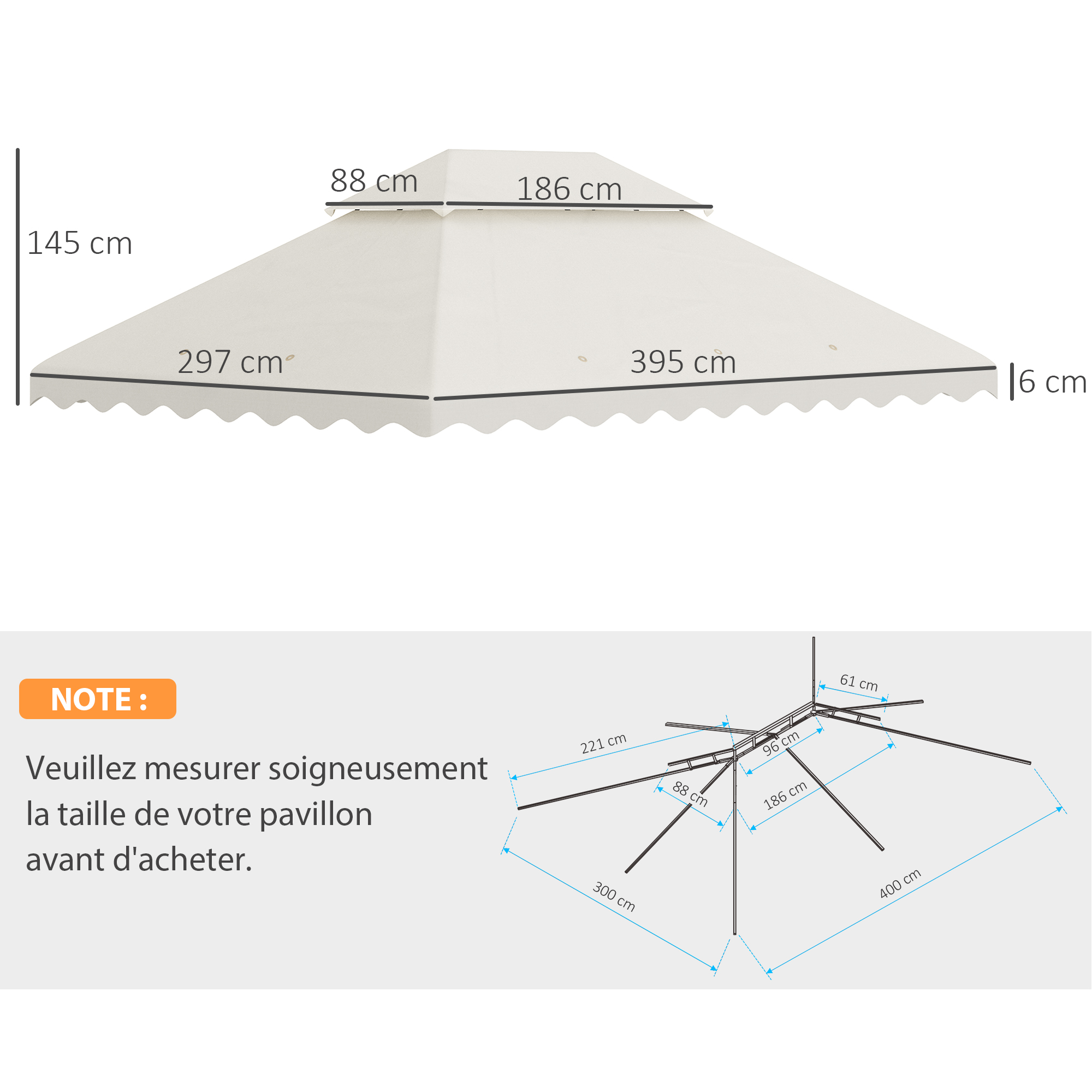 Outsunny Toile de rechange pour pavillon tonnelle tente toit de ...
