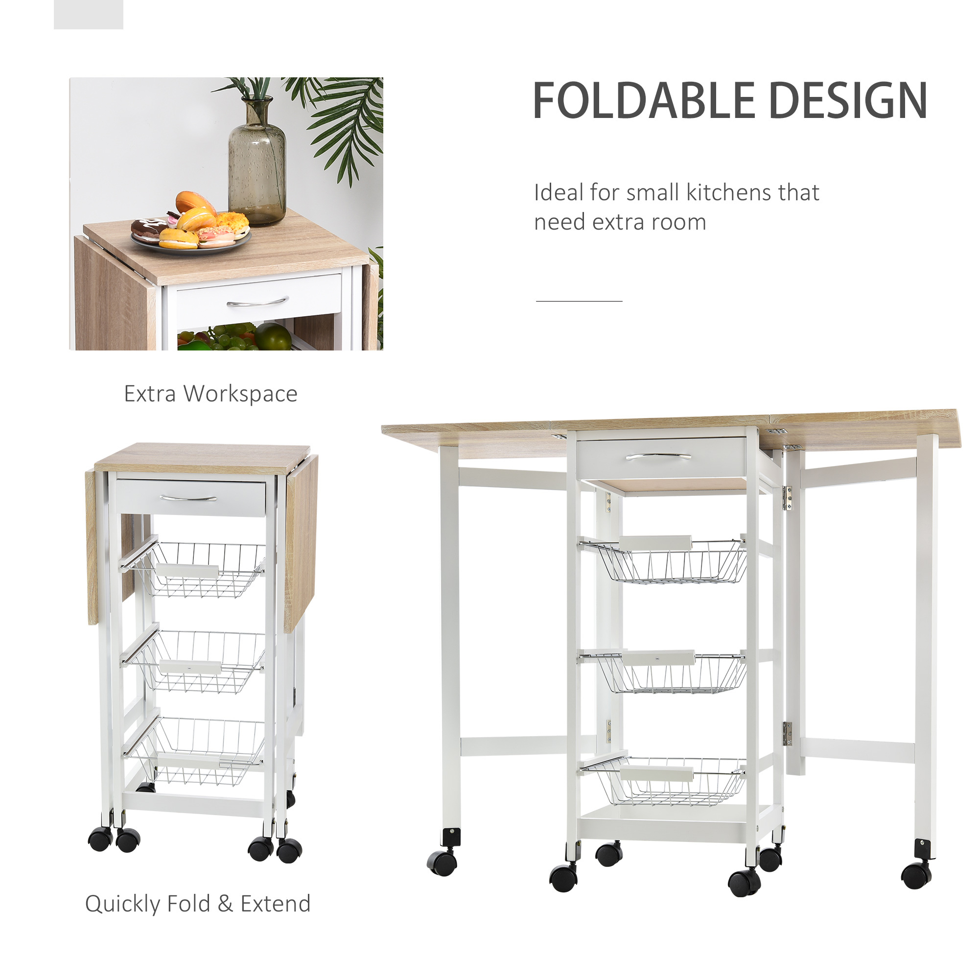 HOMCOM Drop-Leaf Kitchen Trolley w/ 3 Baskets Drawer Surface Top 6 ...