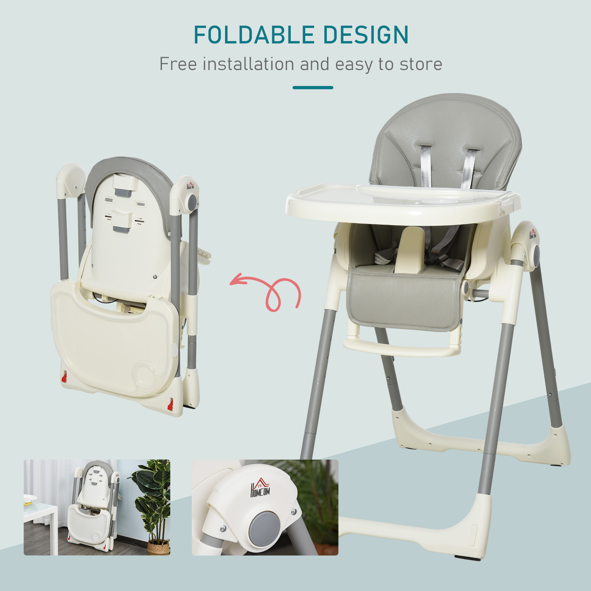 HOMCOM Foldable Baby High Chair Convertible to Toddler Chair Height Adjustable with Adjustable Backrest Footrest and Removable Tray 5 Point Harness Mobile with Wheels for Kids 6 36 Months Grey Chair T...