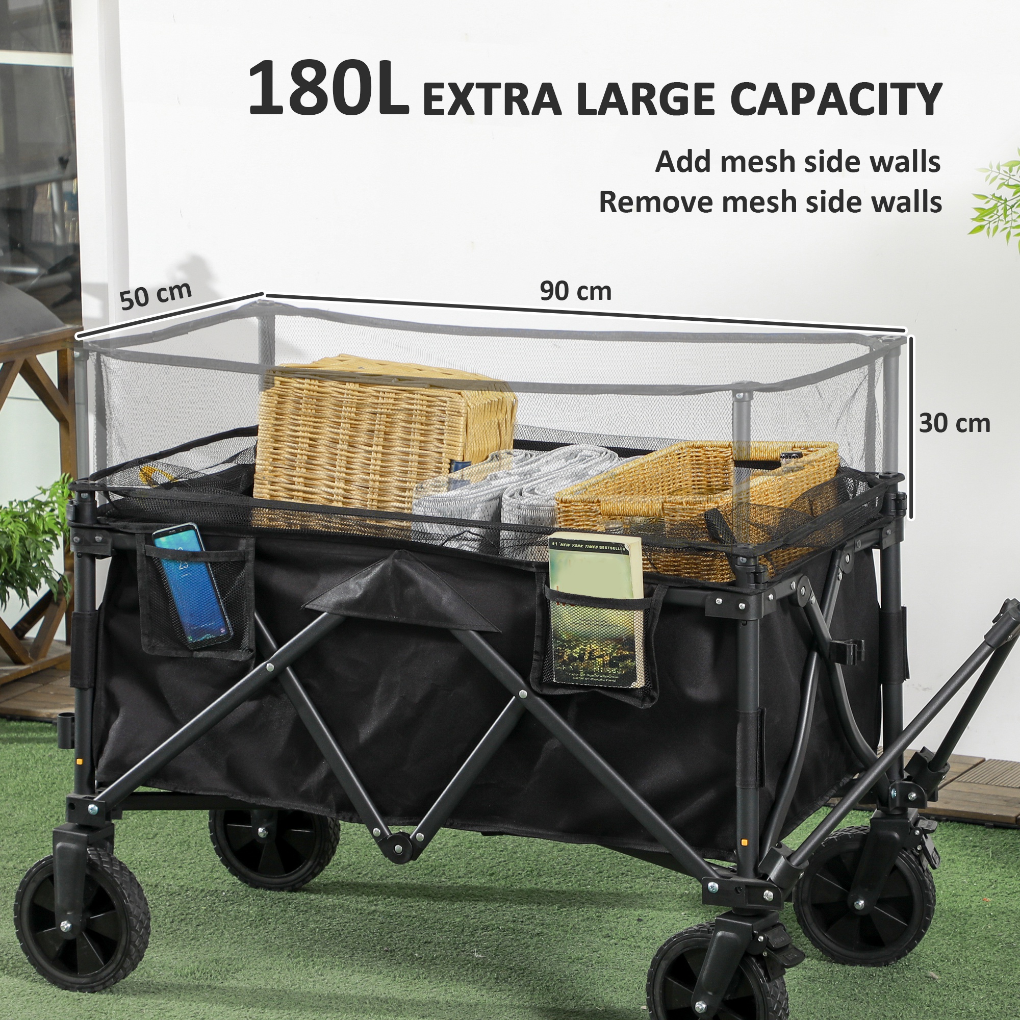 Outsunny Folding Garden Trolley, 180L Wagon Cart with Extendable Side ...